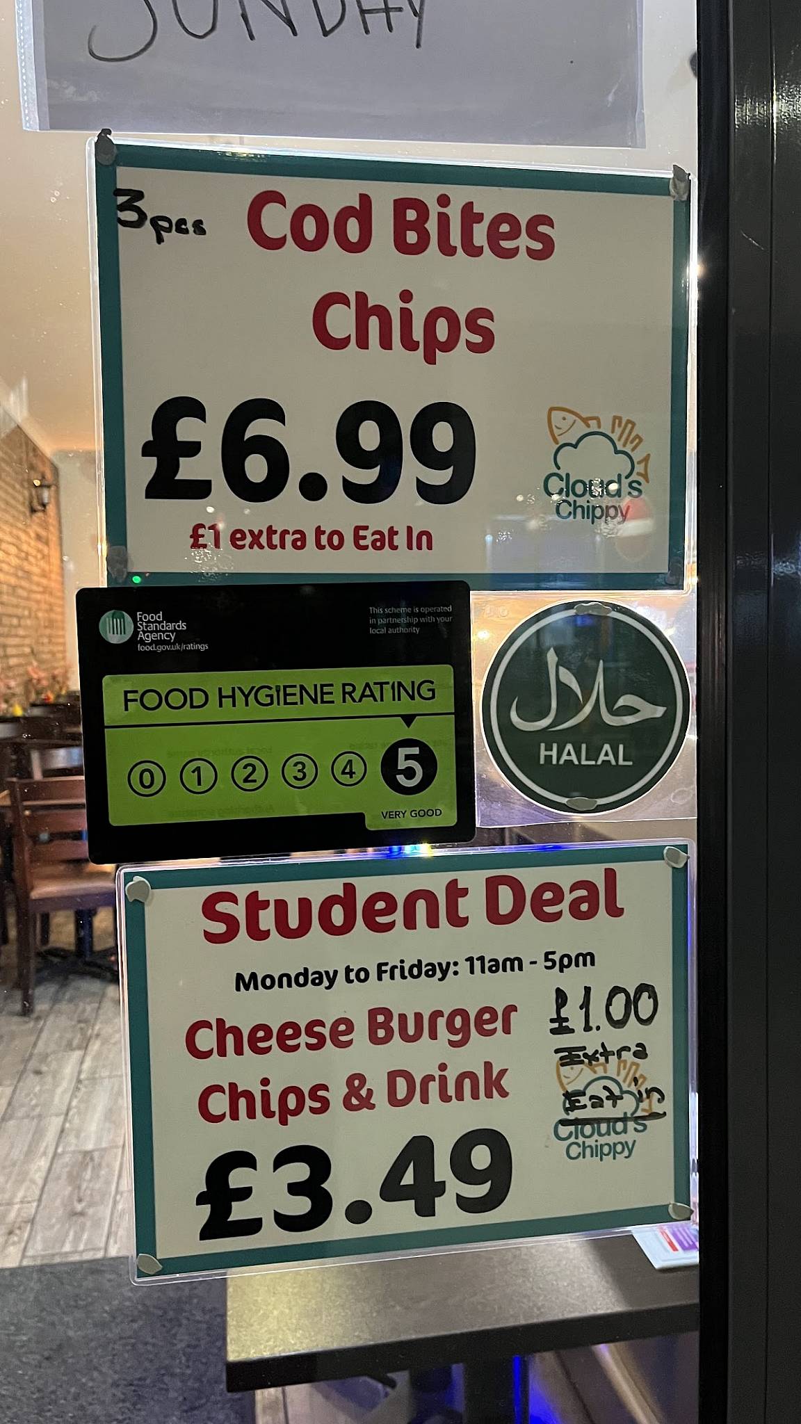 Menu at Cloud's Chippy, London