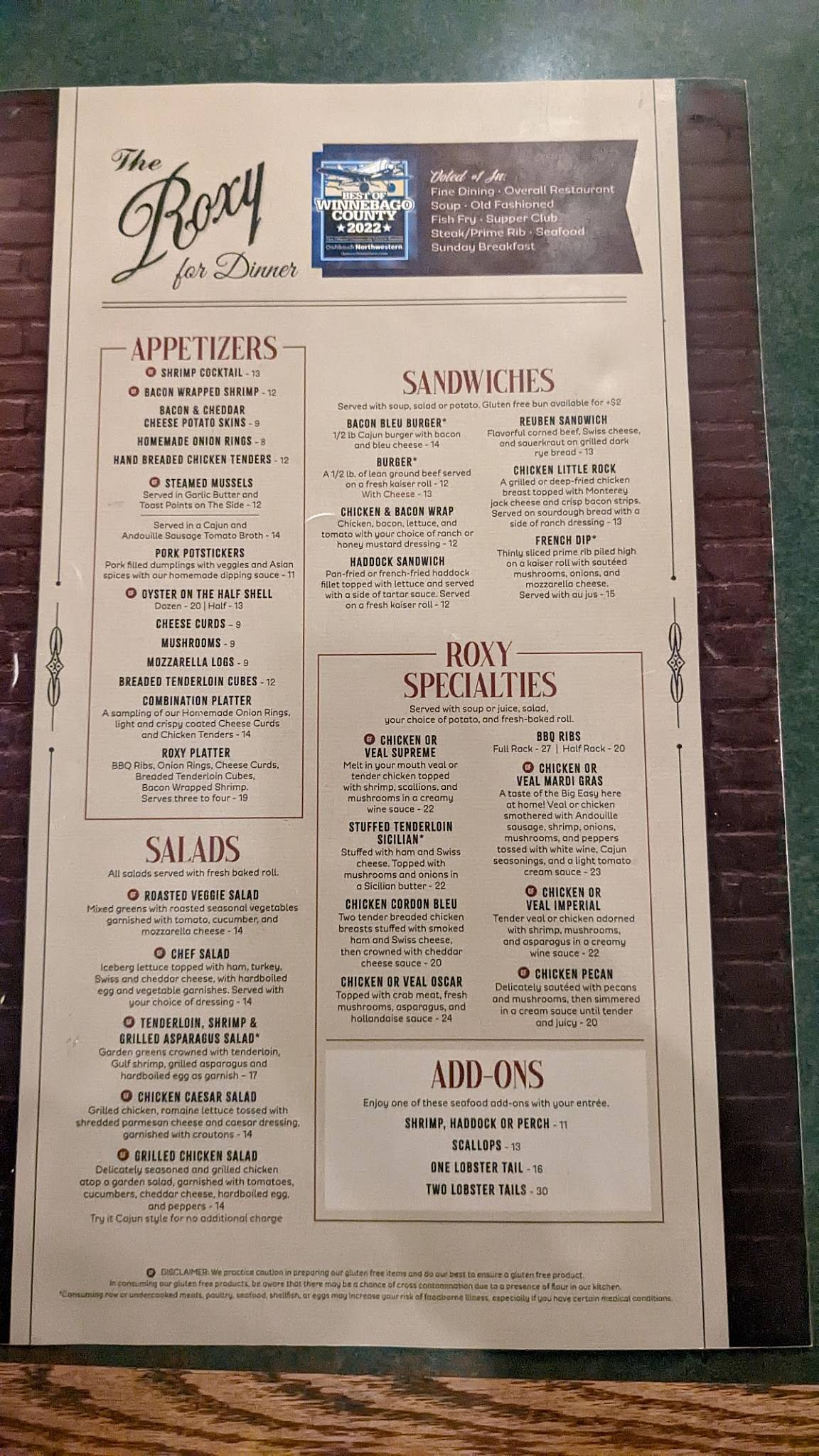 Menu at The Roxy Supper Club, Oshkosh