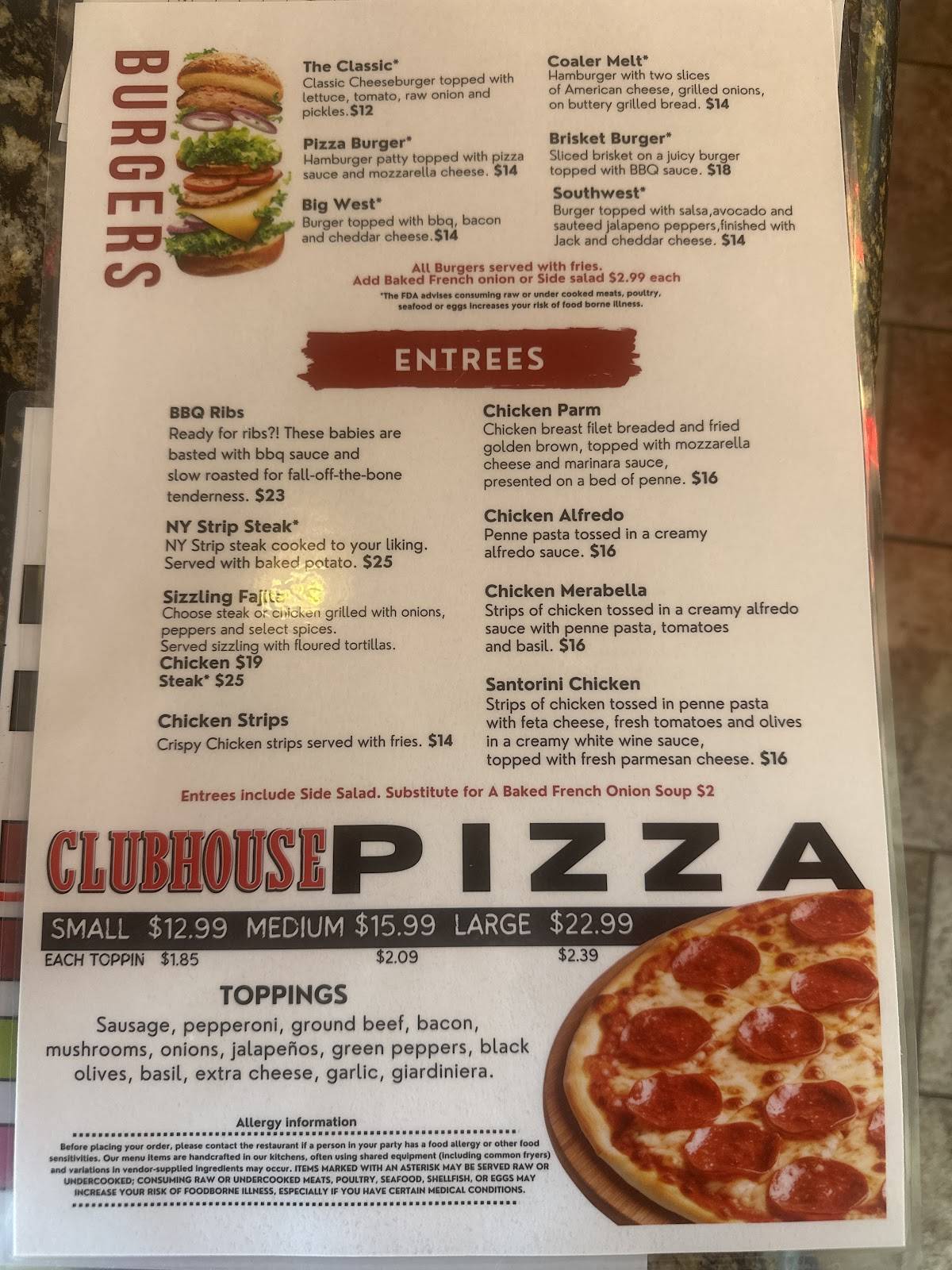 Menu at Clubhouse, Coal City