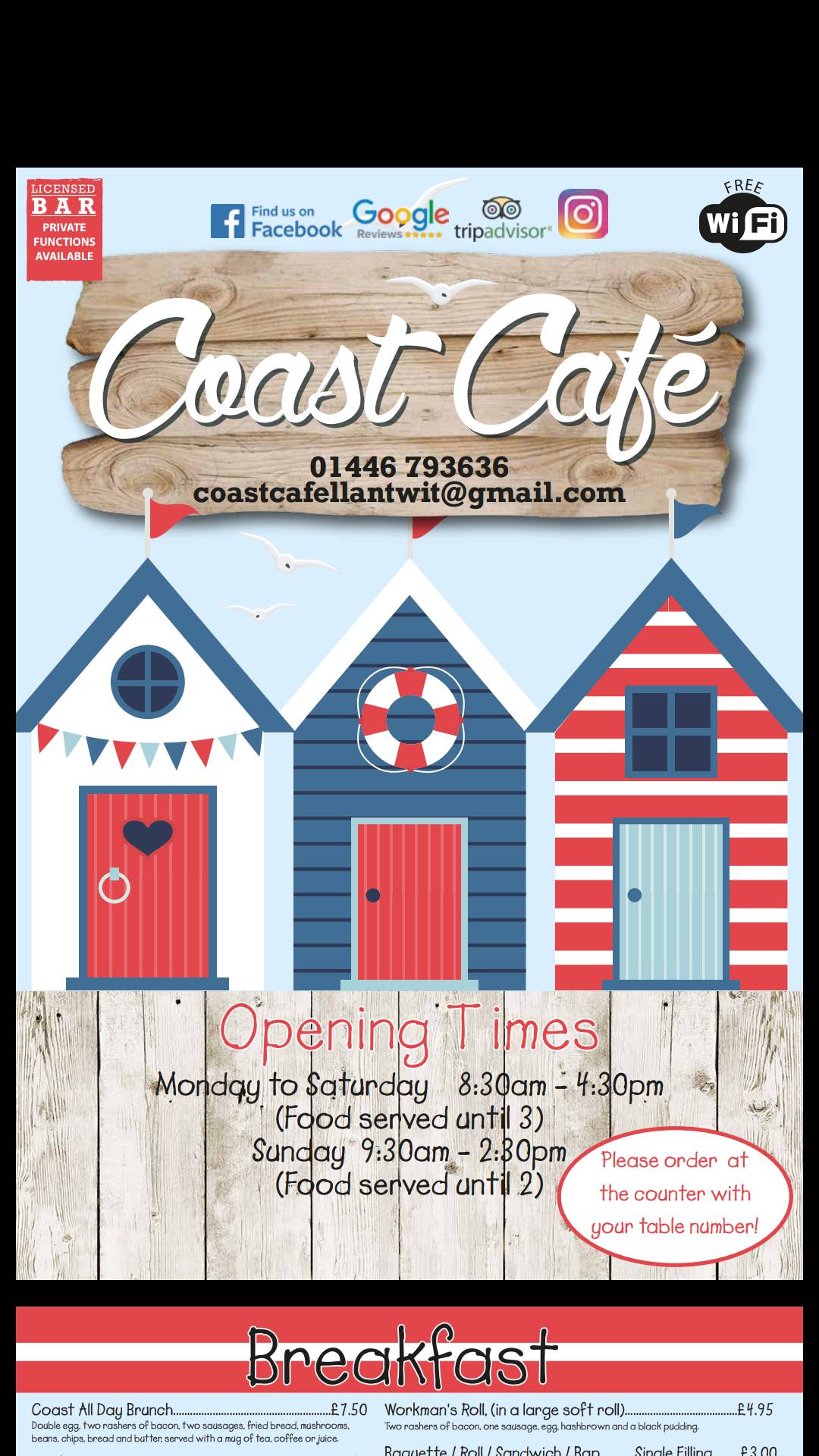 Menu at Coast Cafe, Llantwit Major