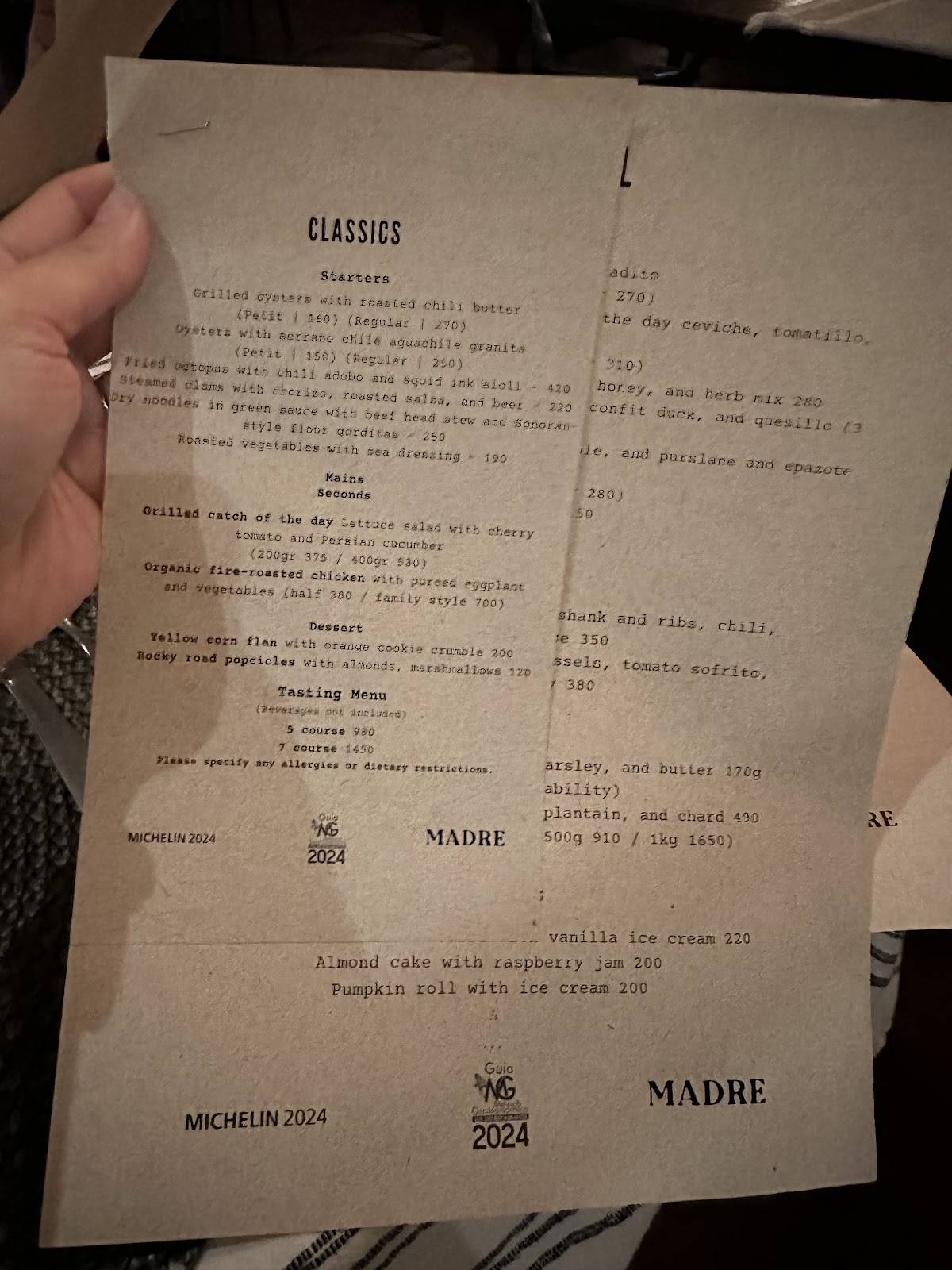 Menu at Cocina Madre restaurant, Ensenada