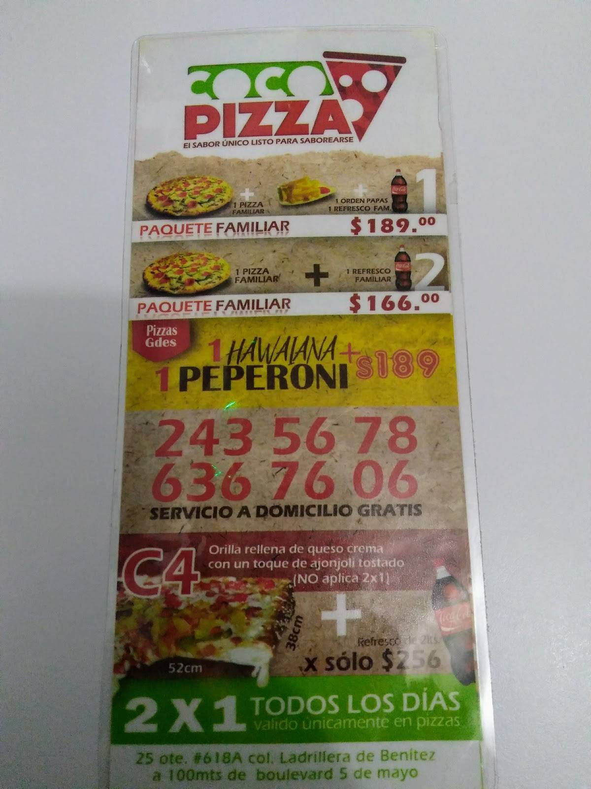 Carta de pizzería Coco Pizza, Heroica Puebla de Zaragoza, Av. 25 Ote. 618