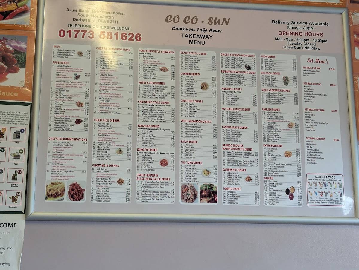 Menu at Coco Sun restaurant, Alfreton