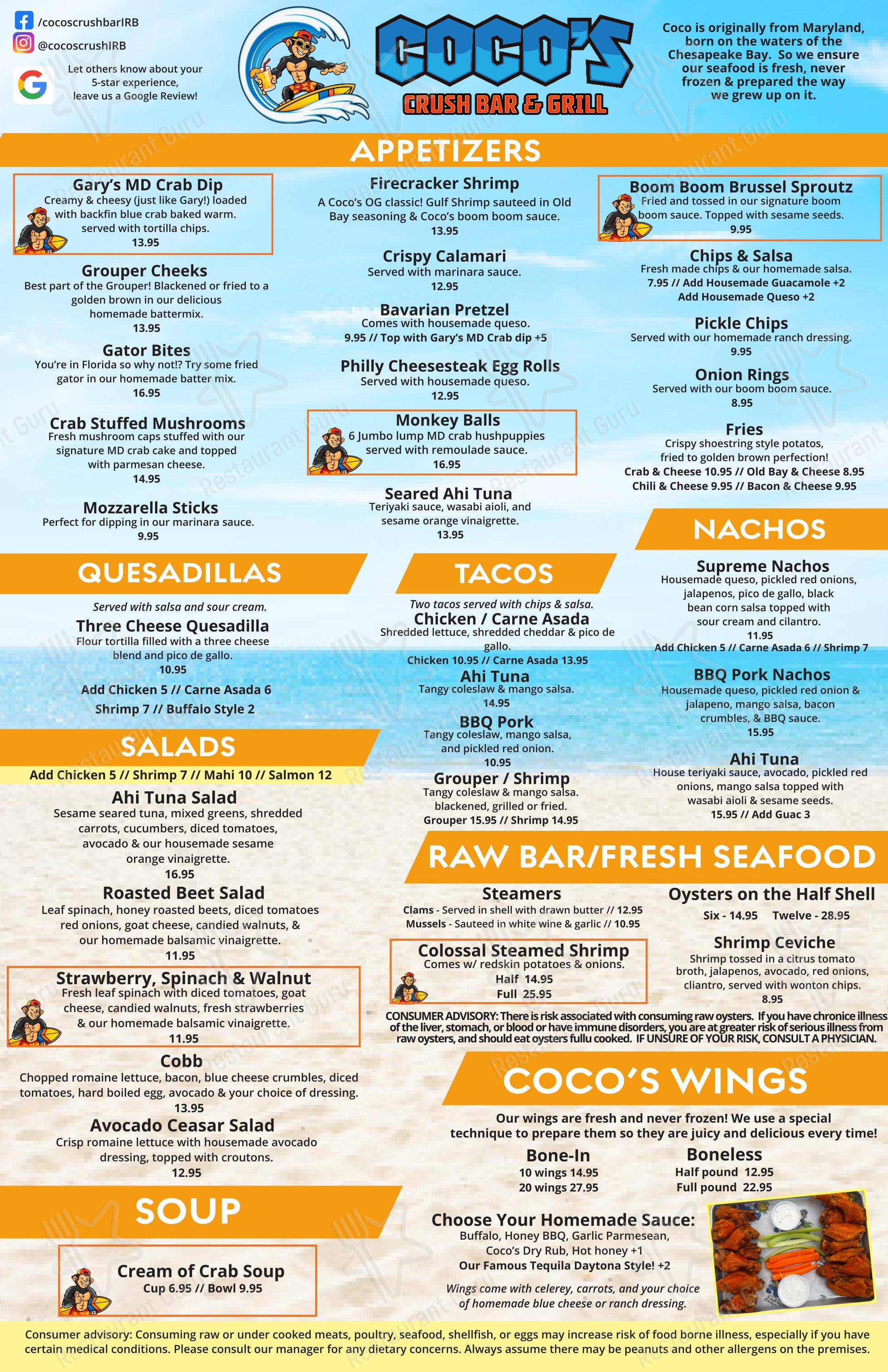 Menu at Coco's Crush Bar and Grill IRB, Indian Rocks Beach