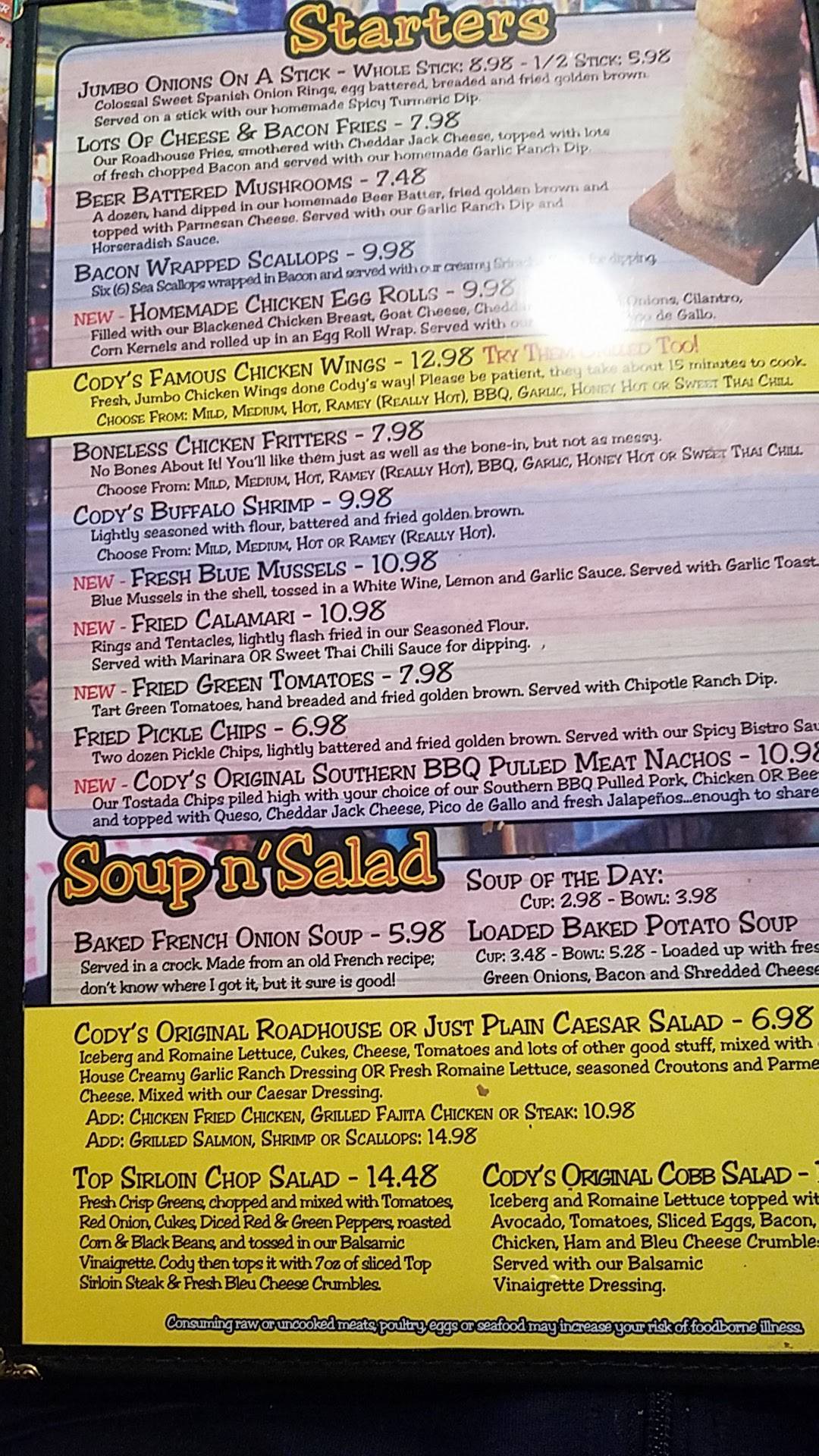 Menu at Cody's Original Roadhouse - Sumter steakhouse, The Villages ...