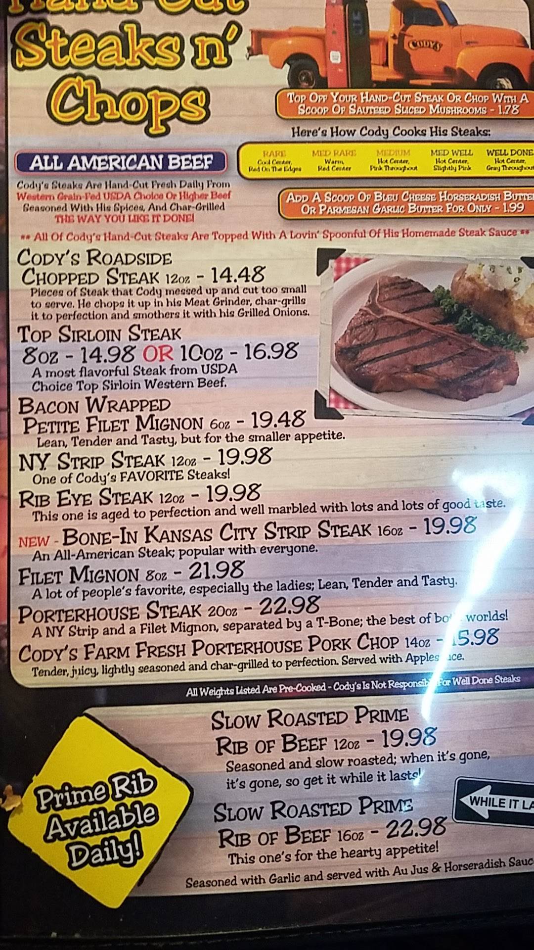 Menu at Cody's Original Roadhouse - Sumter steakhouse, The Villages ...