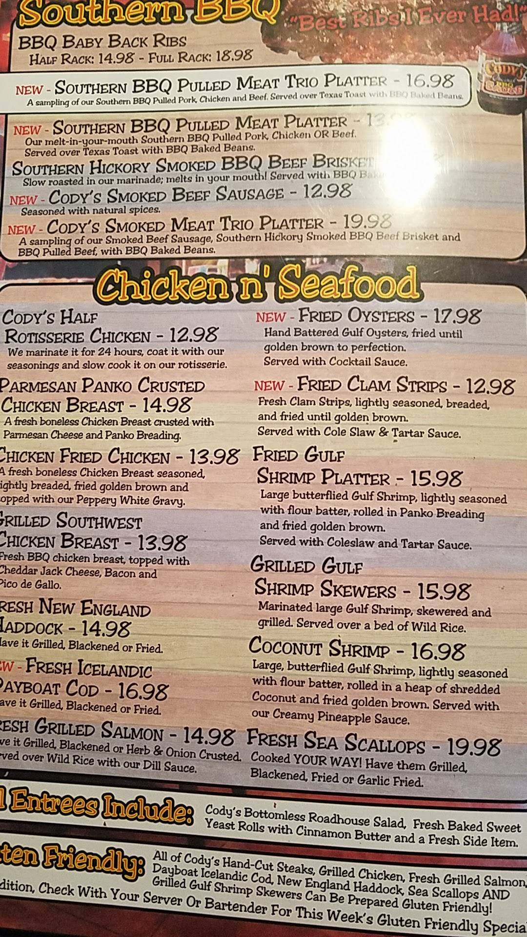 Menu at Cody's Original Roadhouse - Sumter steakhouse, The Villages ...