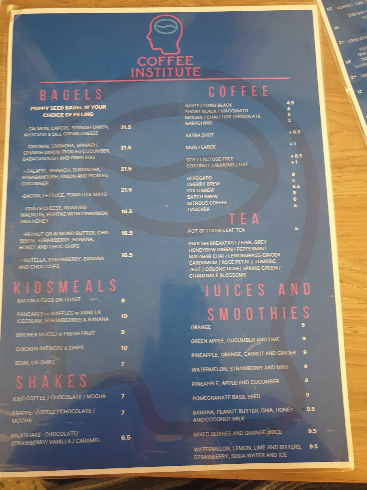 Menu at Coffee Institute cafe, Walkerville, 96 Walkerville Terrace