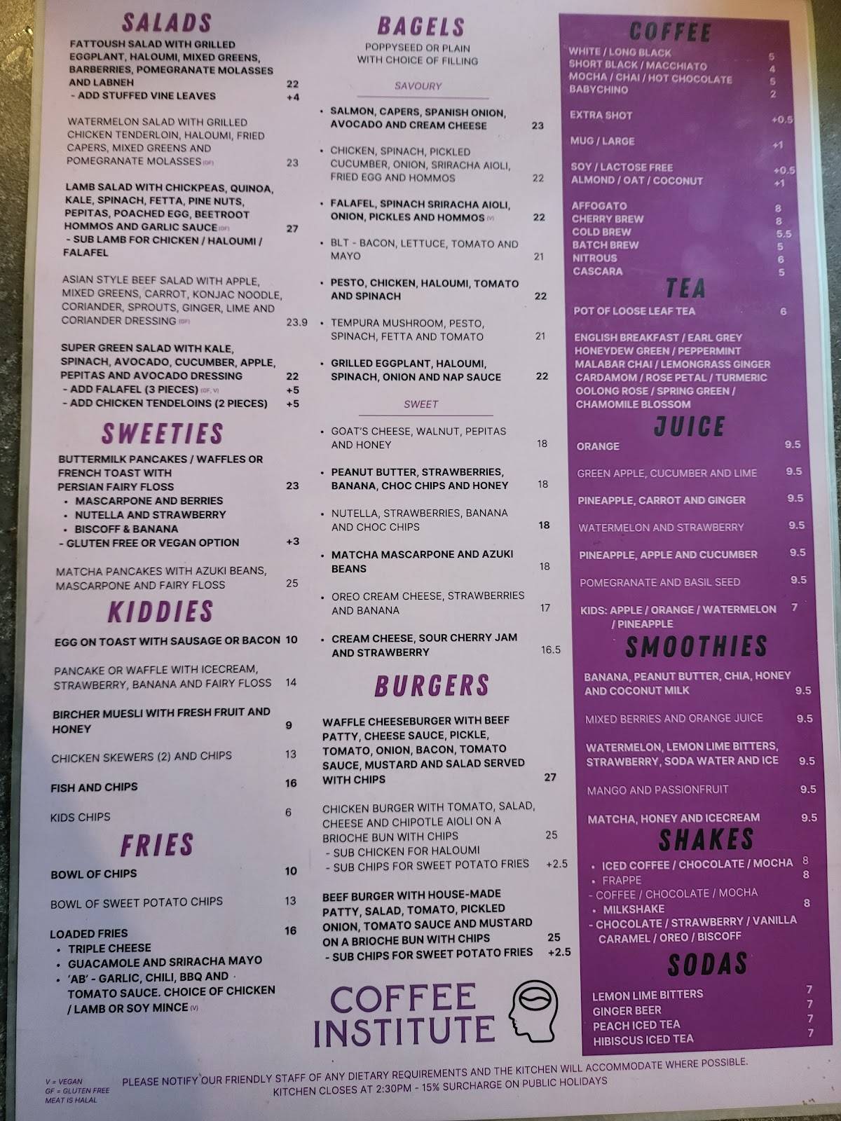 Menu at Coffee Institute cafe, Walkerville, 96 Walkerville Terrace