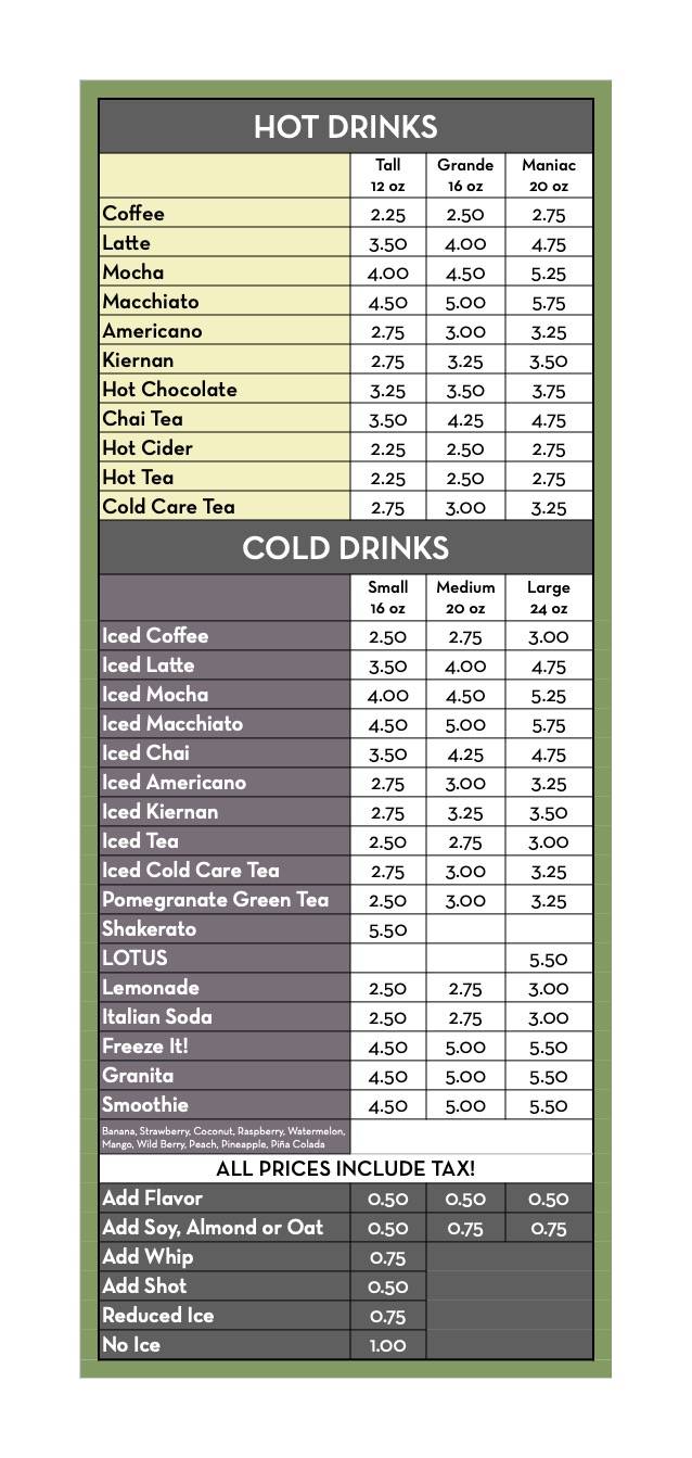 Menu at Coffee Mania cafe, Homer
