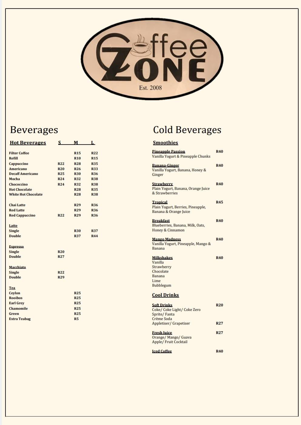 Menu at Coffee Zone restaurant, Cape Town