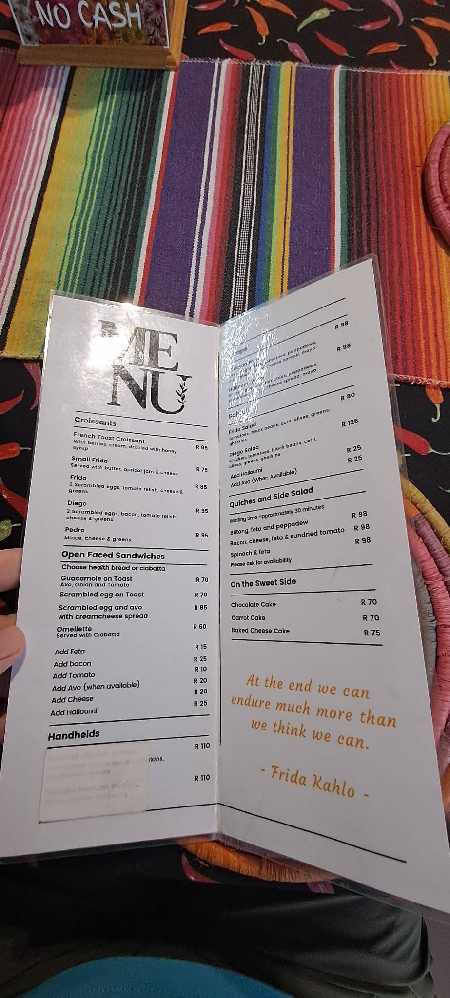 Menu at Coffee at Kahlo, Pretoria