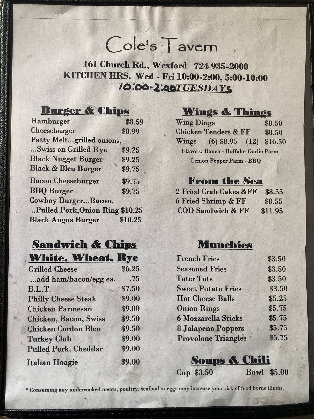 Menu at Cole's Tavern pub & bar, Wexford