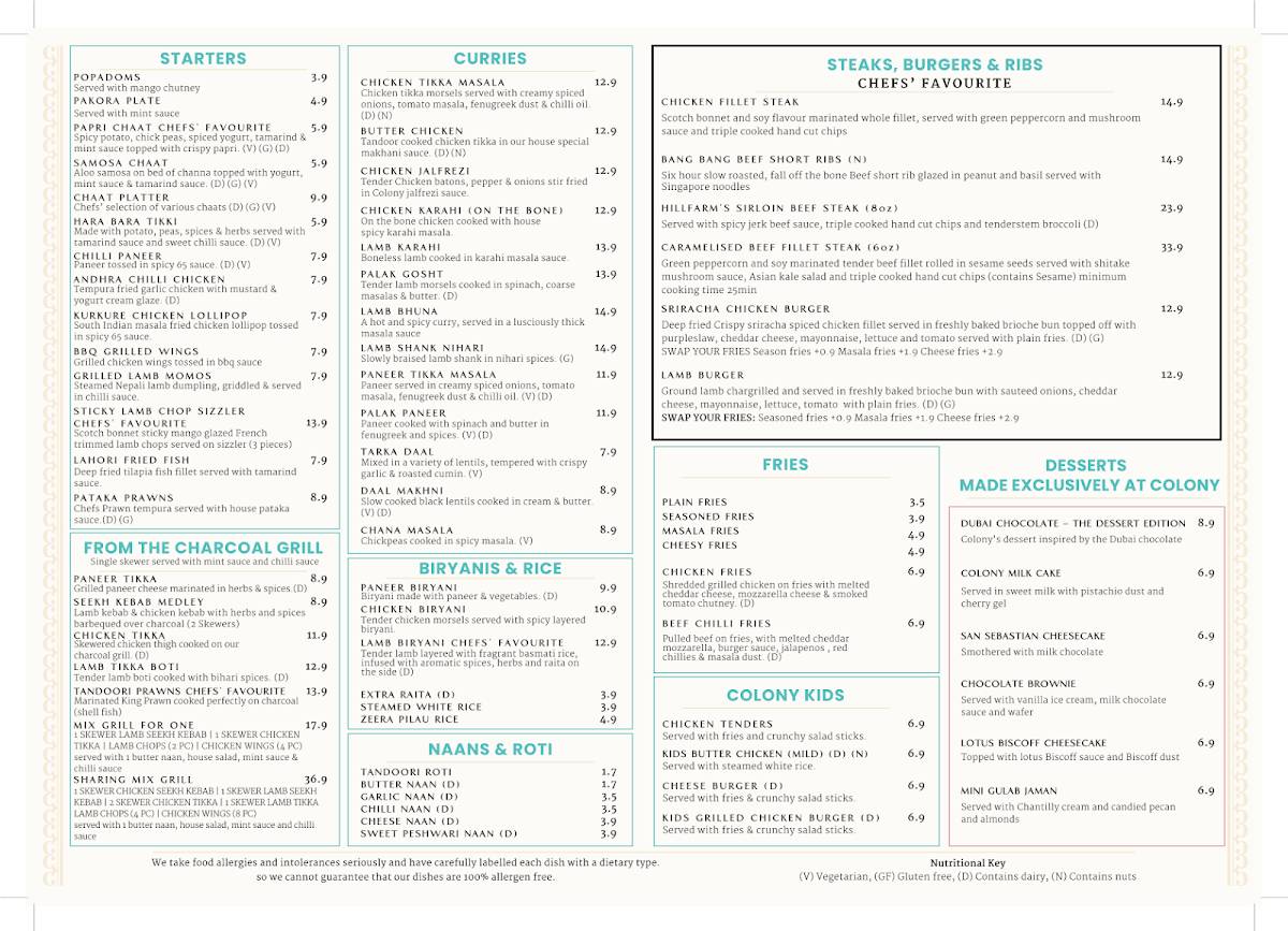 Menu at Colony Restaurant, Ilford