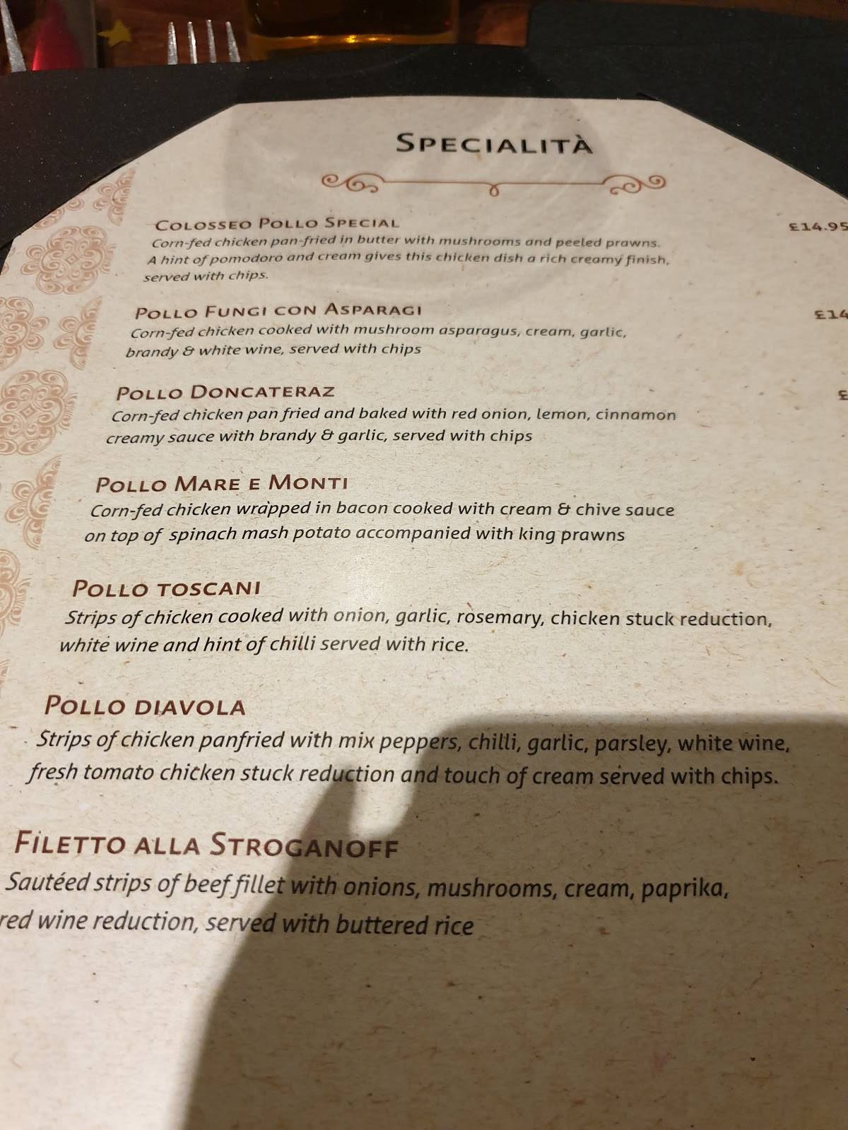 Menu at Colosseo Restaurant, Doncaster
