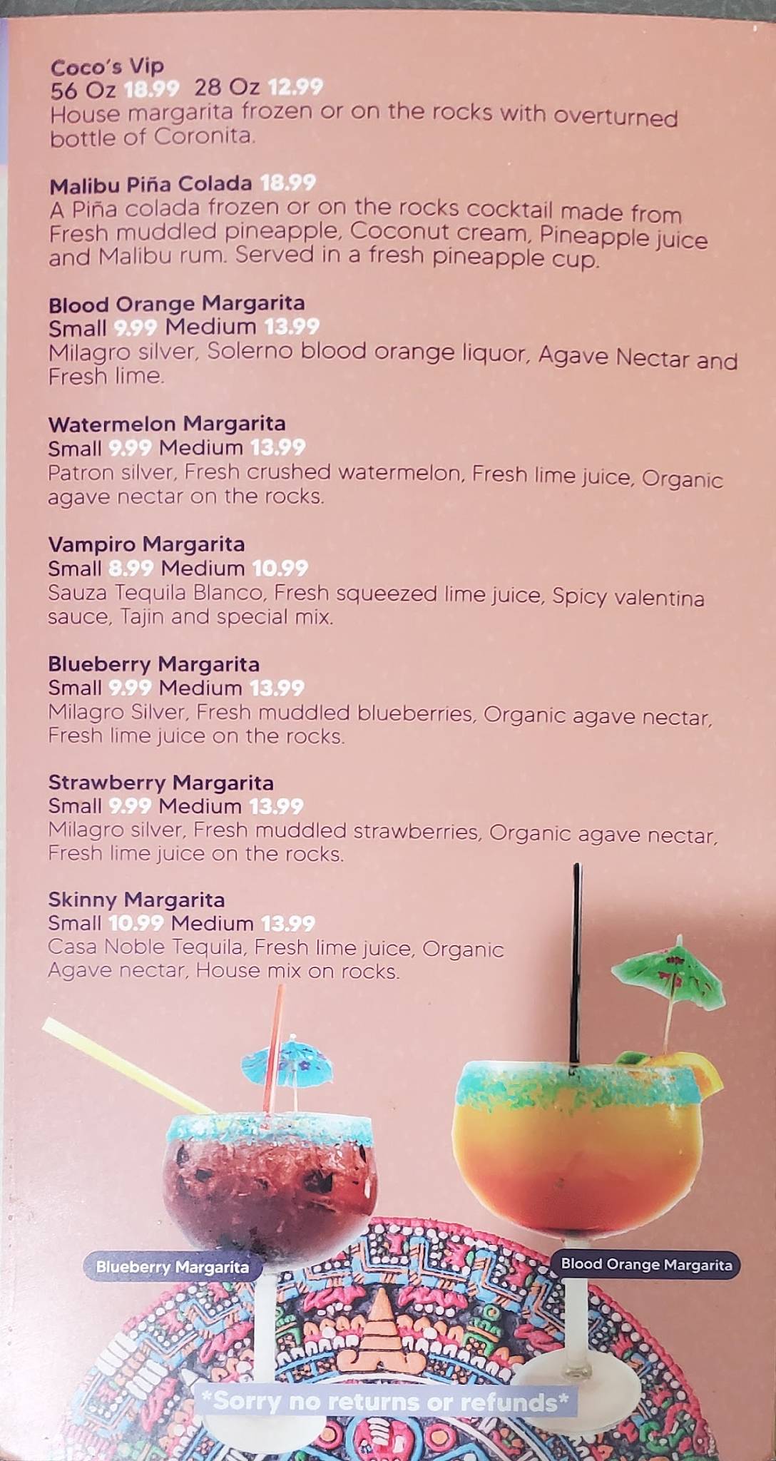 Menu at Coco's & Beer Authentic Mexican Grill restaurant, Columbia