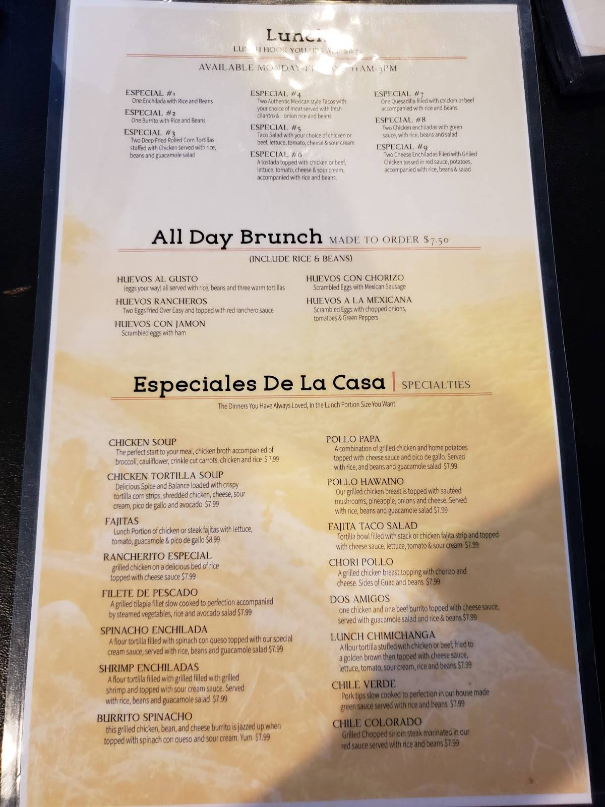 Menu at La Terraza Mexicana Grill restaurant, Columbia