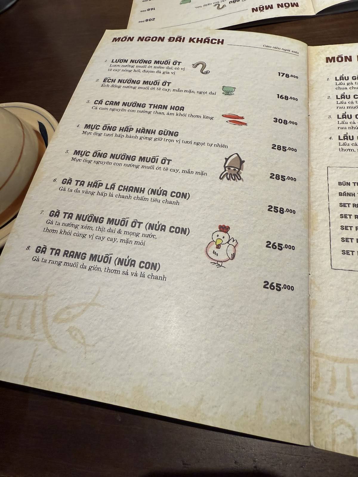 Menu at Cơm Niêu Ngói Xưa restaurant, Hanoi