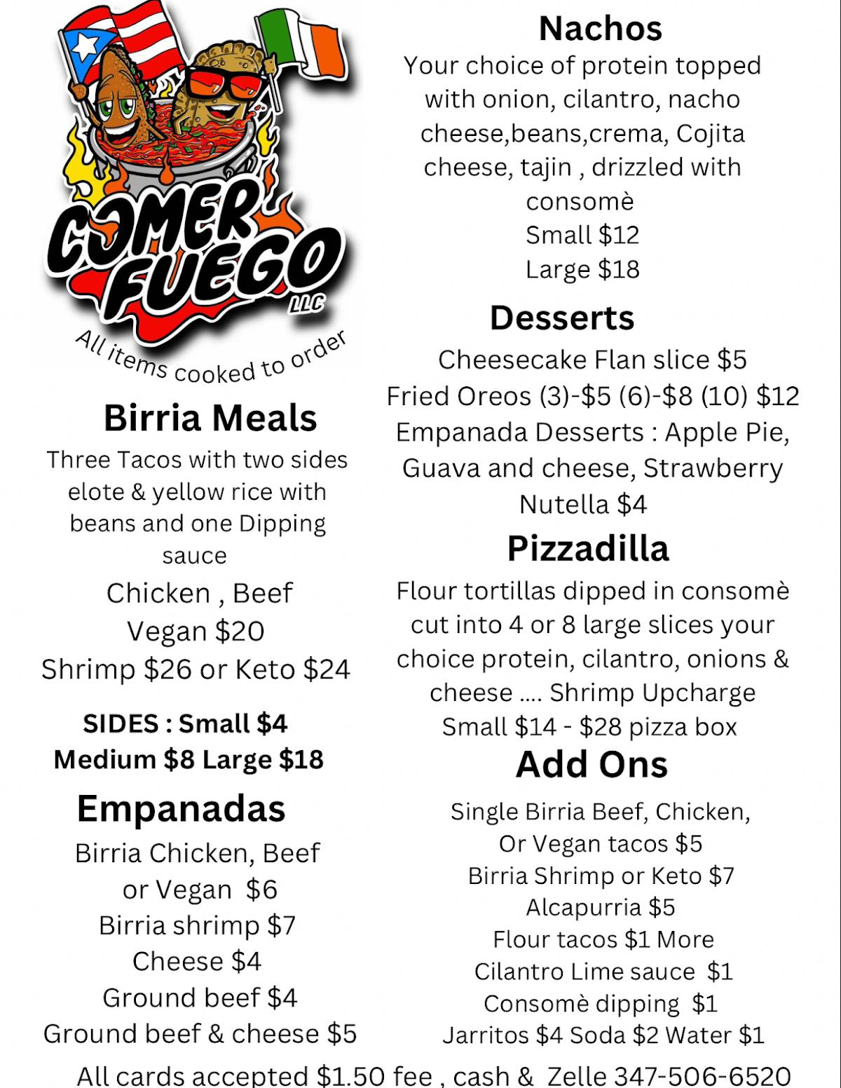 Menu at Comer Fuego restaurant, Palm Bay