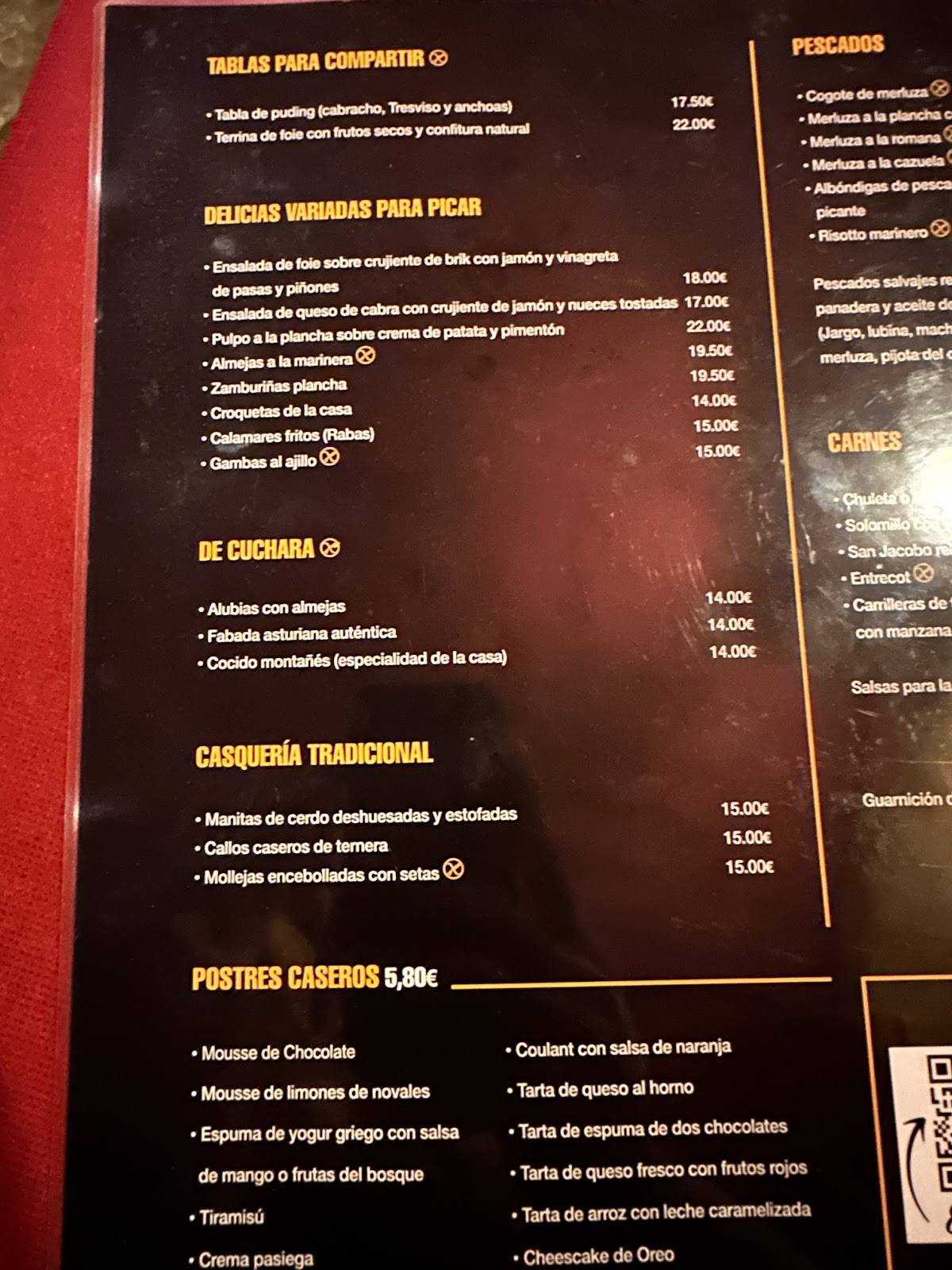 Carta de Restaurante La Aldea, Comillas