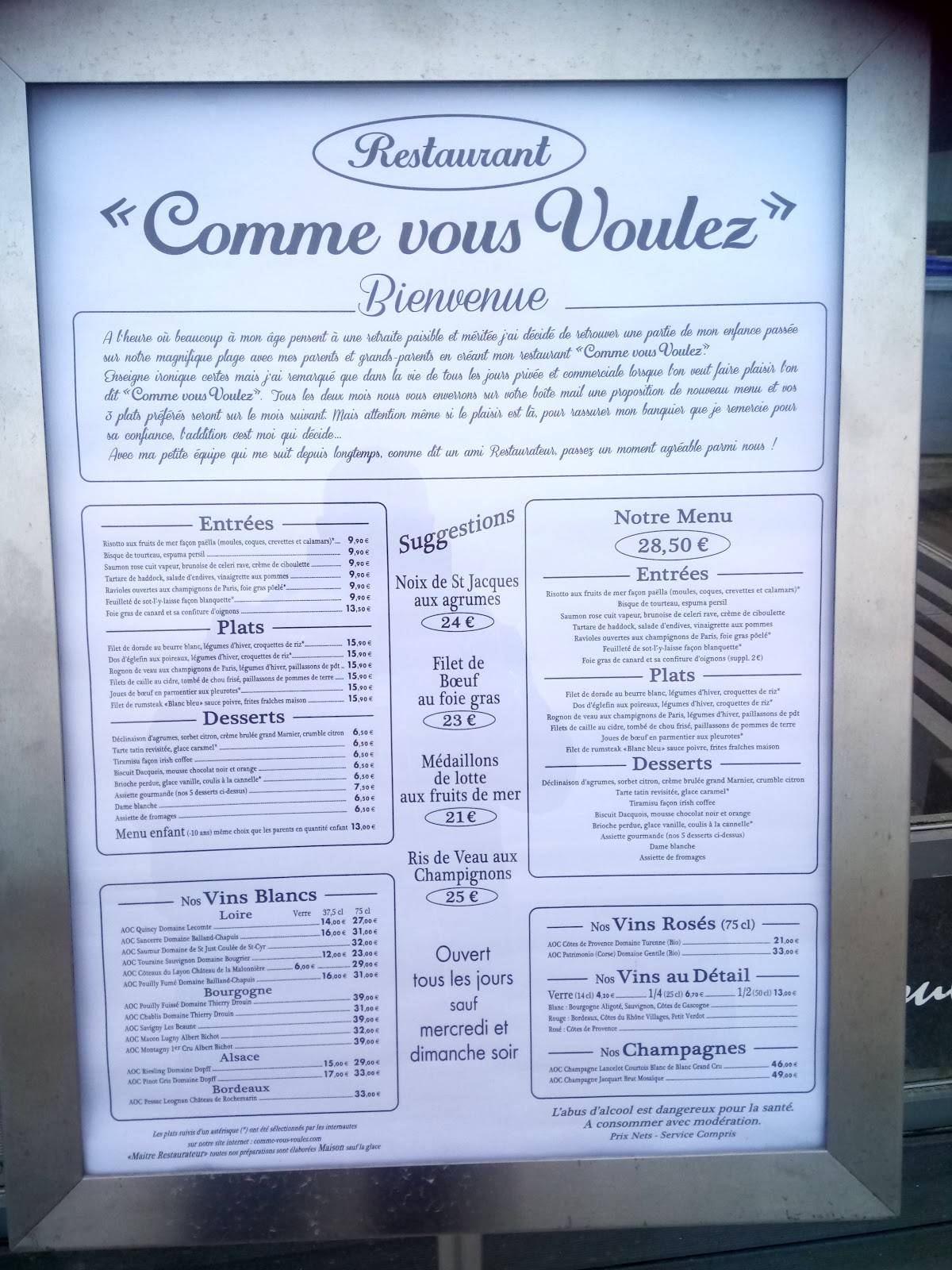 Menu au Comme Vous Voulez restaurant, Dunkerque, 58 Digue de Mer