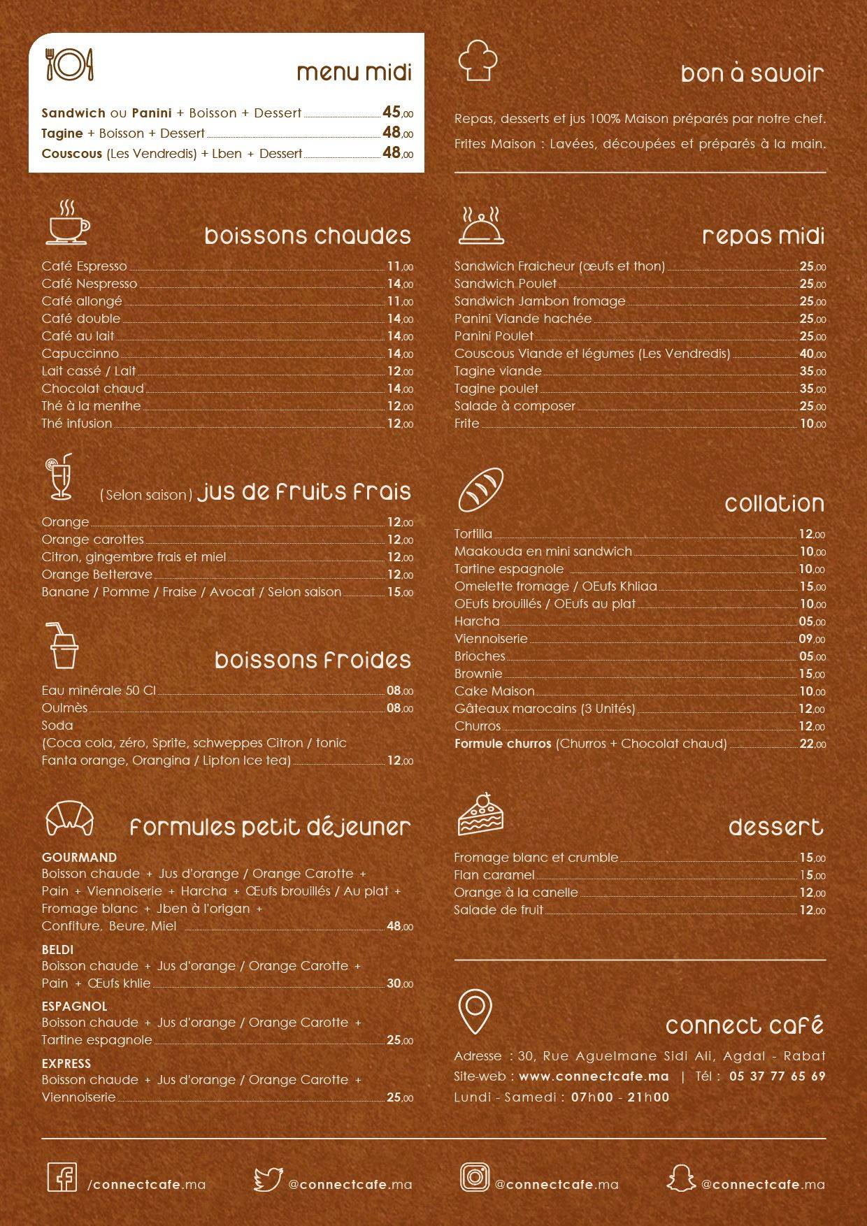 Menu au Connect Café, Rabat