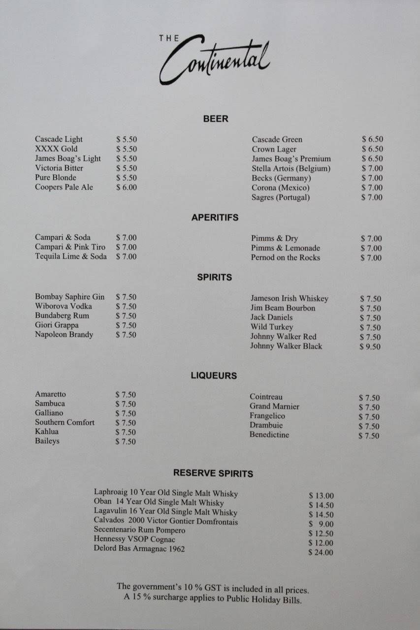 Menu at Continental Cafe, New Farm