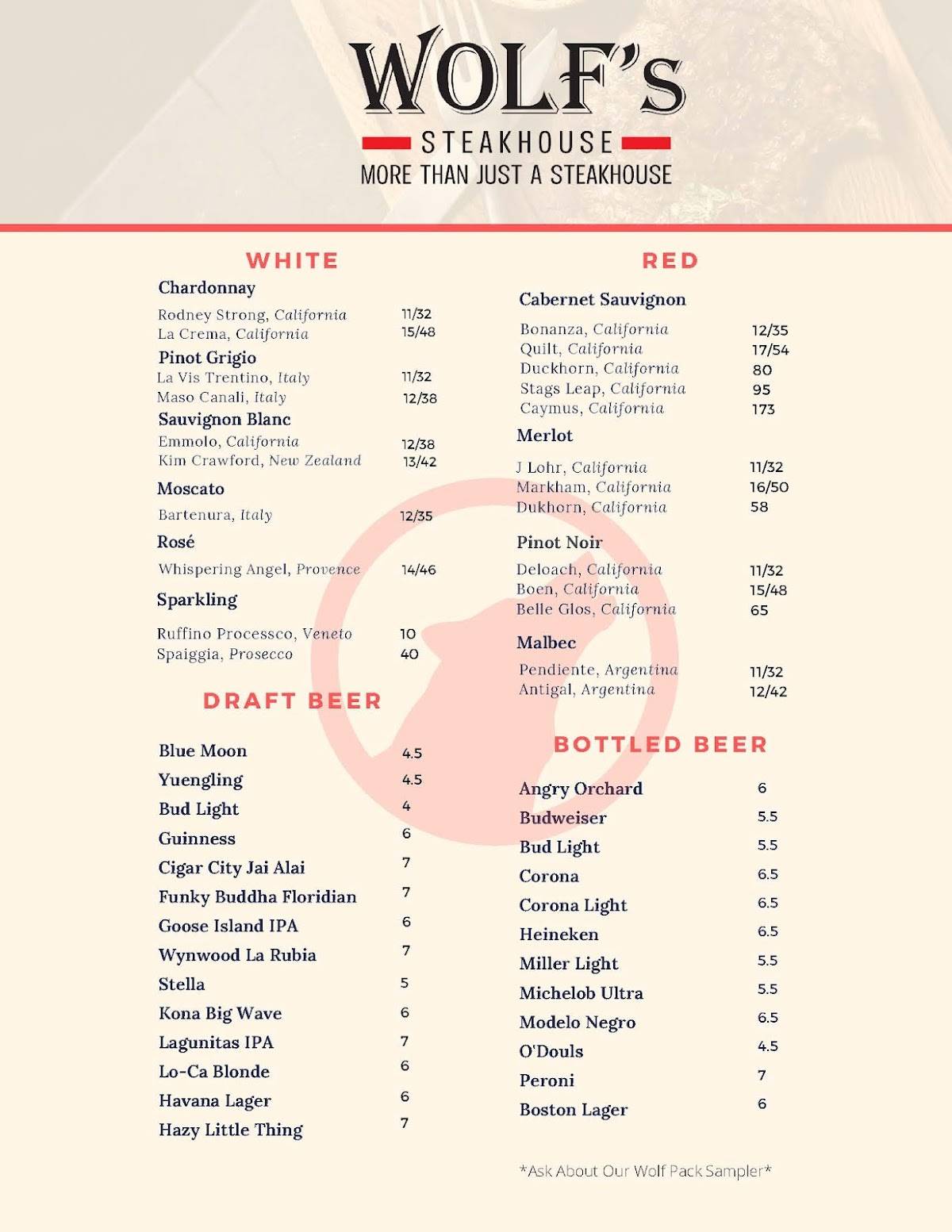 Menu at Wolf's Steakhouse, Cooper City, Stirling Rd