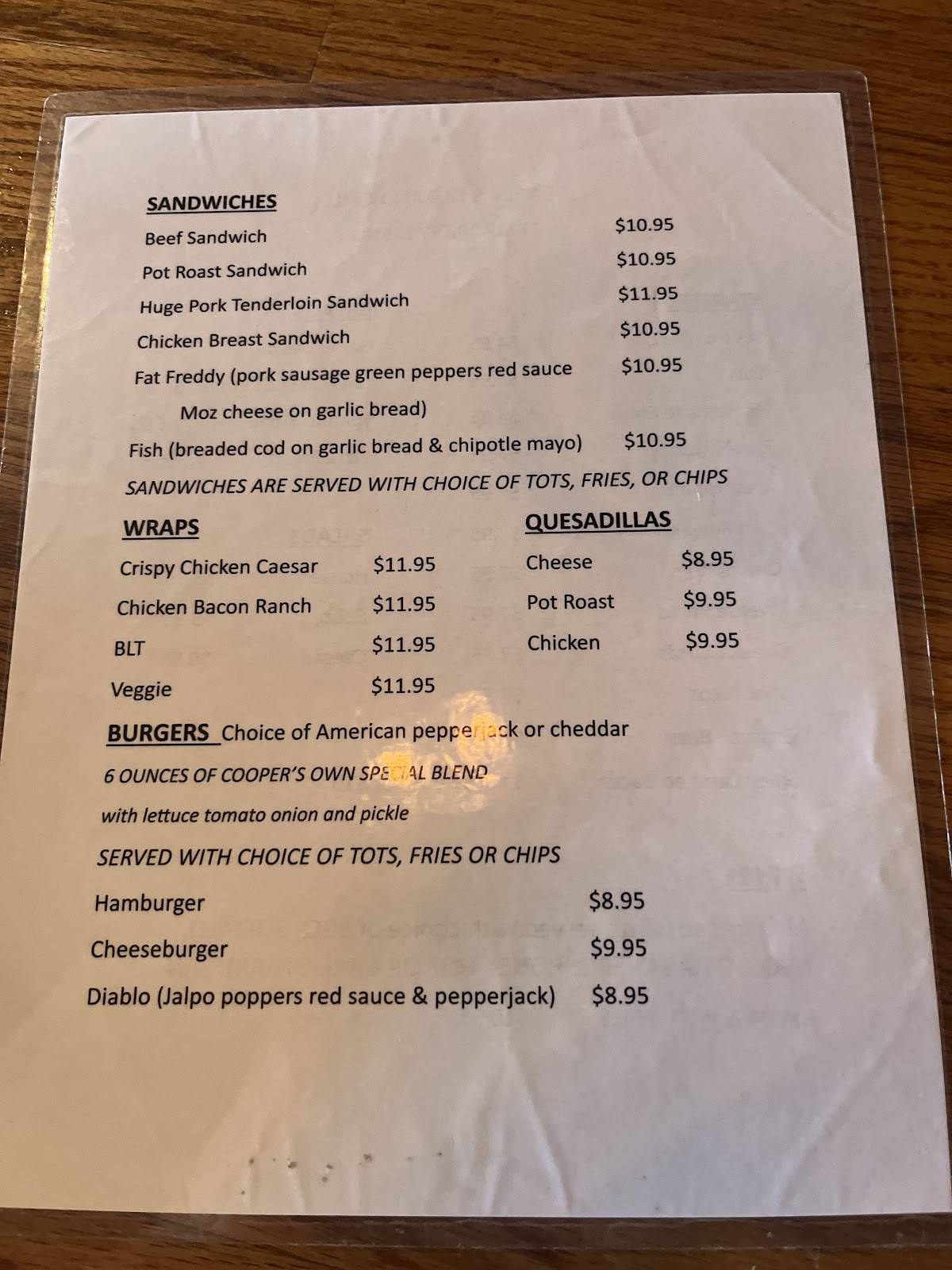 Menu at Cooper’s Bar and Grill, Oak Forest