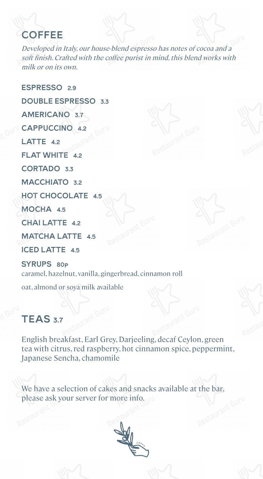 Menu at Coppa Club Tower Bridge, London, 3 Lower Thames St