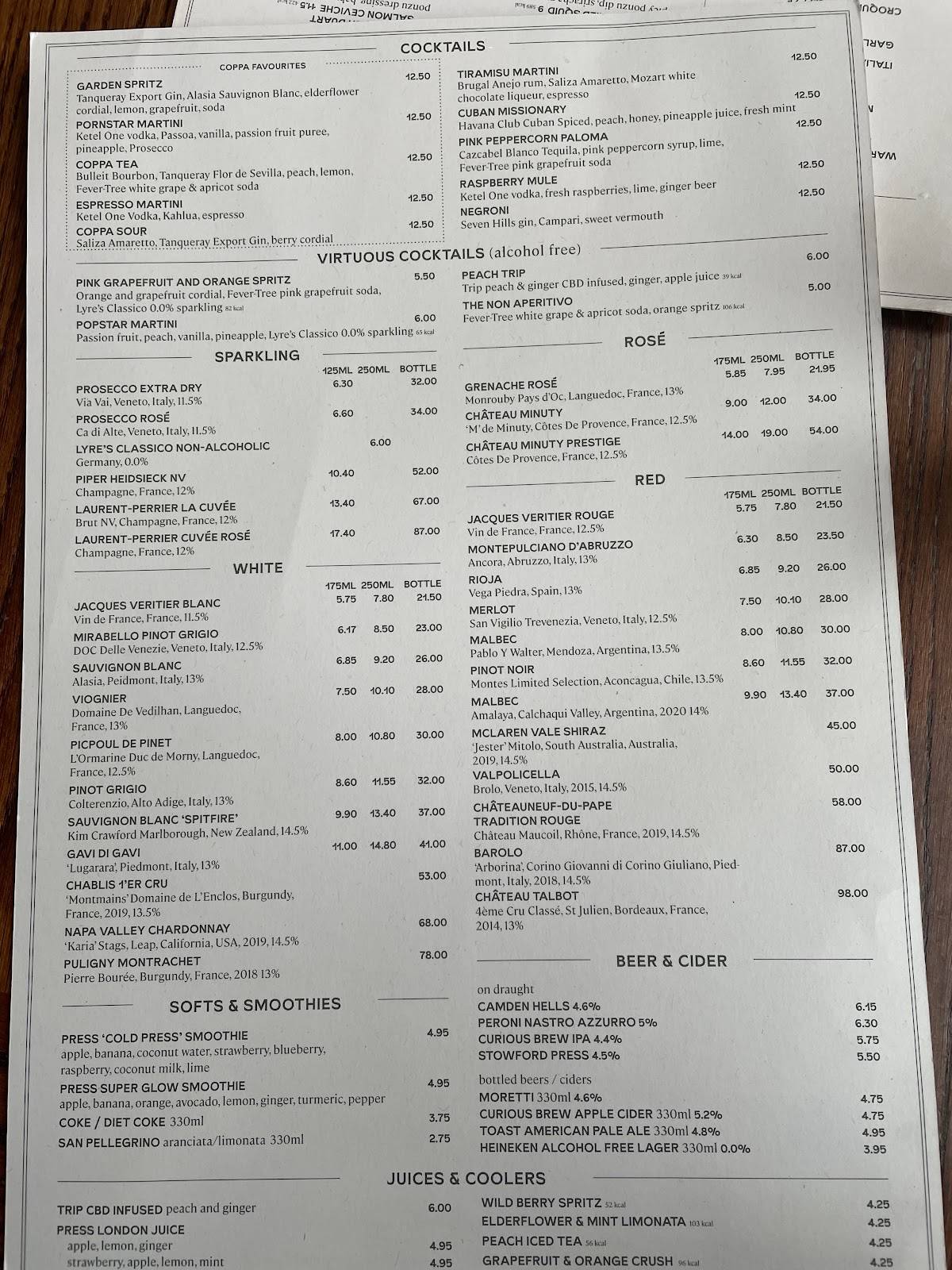 Menu at Coppa Club Tower Bridge, London, 3 Three Quays Walk