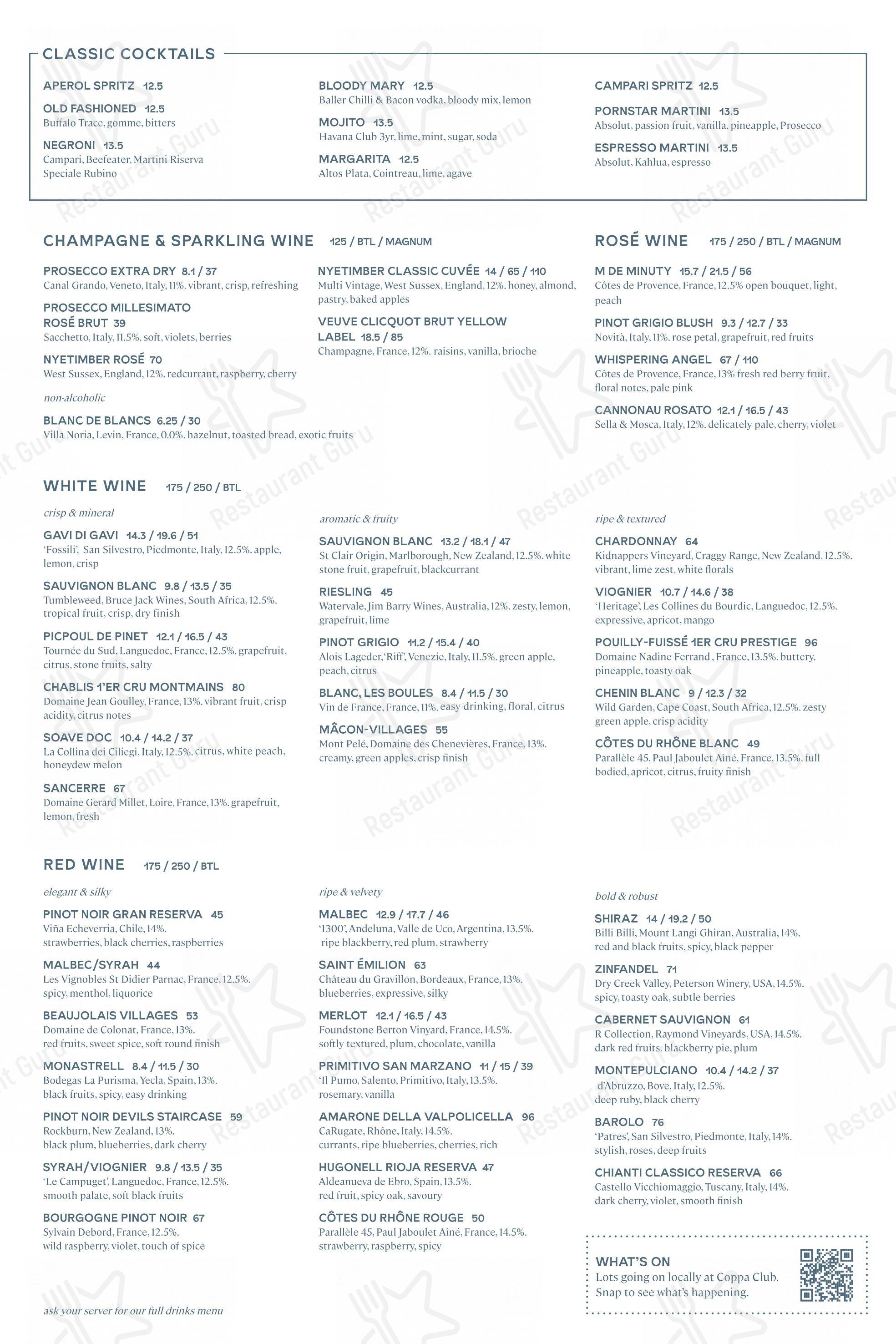 Menu at Coppa Club Tower Bridge, London, 3 Lower Thames St