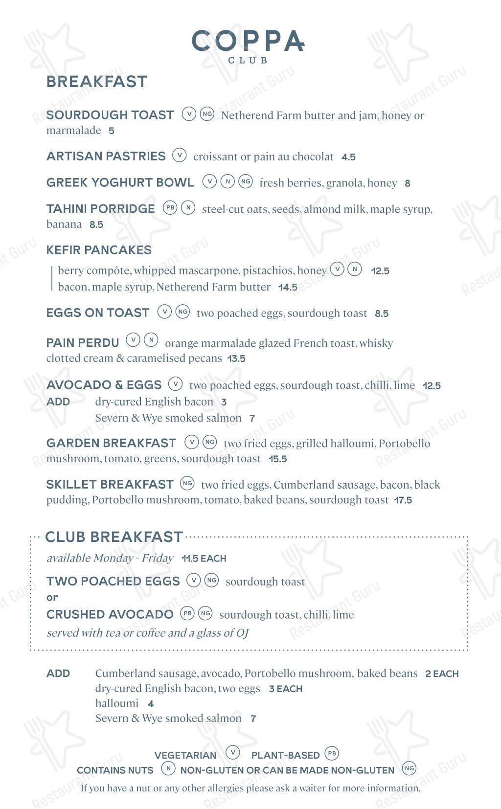 Menu at Coppa Club Tower Bridge, London, 3 Lower Thames St