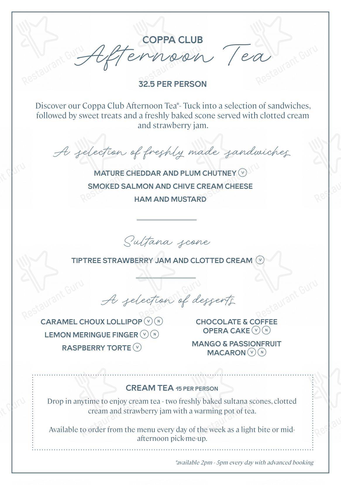 Menu at Coppa Club Tower Bridge, London, 3 Lower Thames St