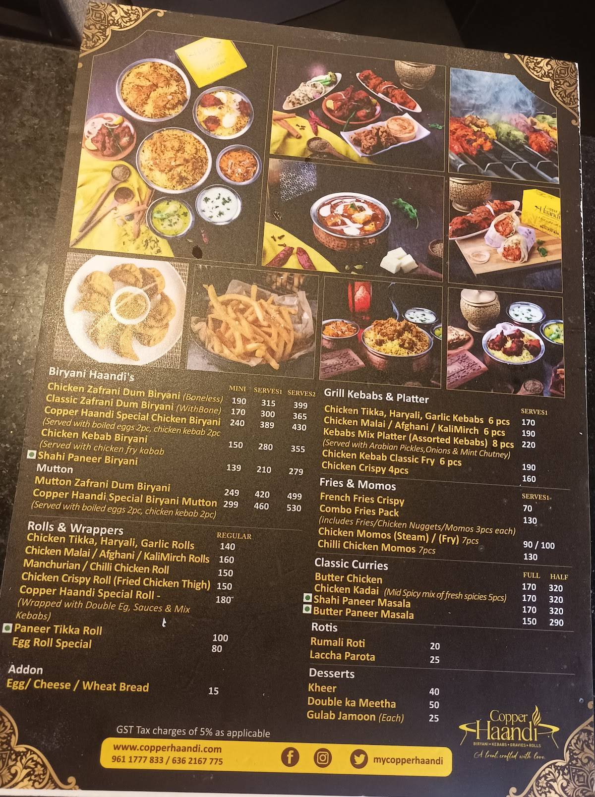 Menu at Copper Haandi Biryani, Bengaluru
