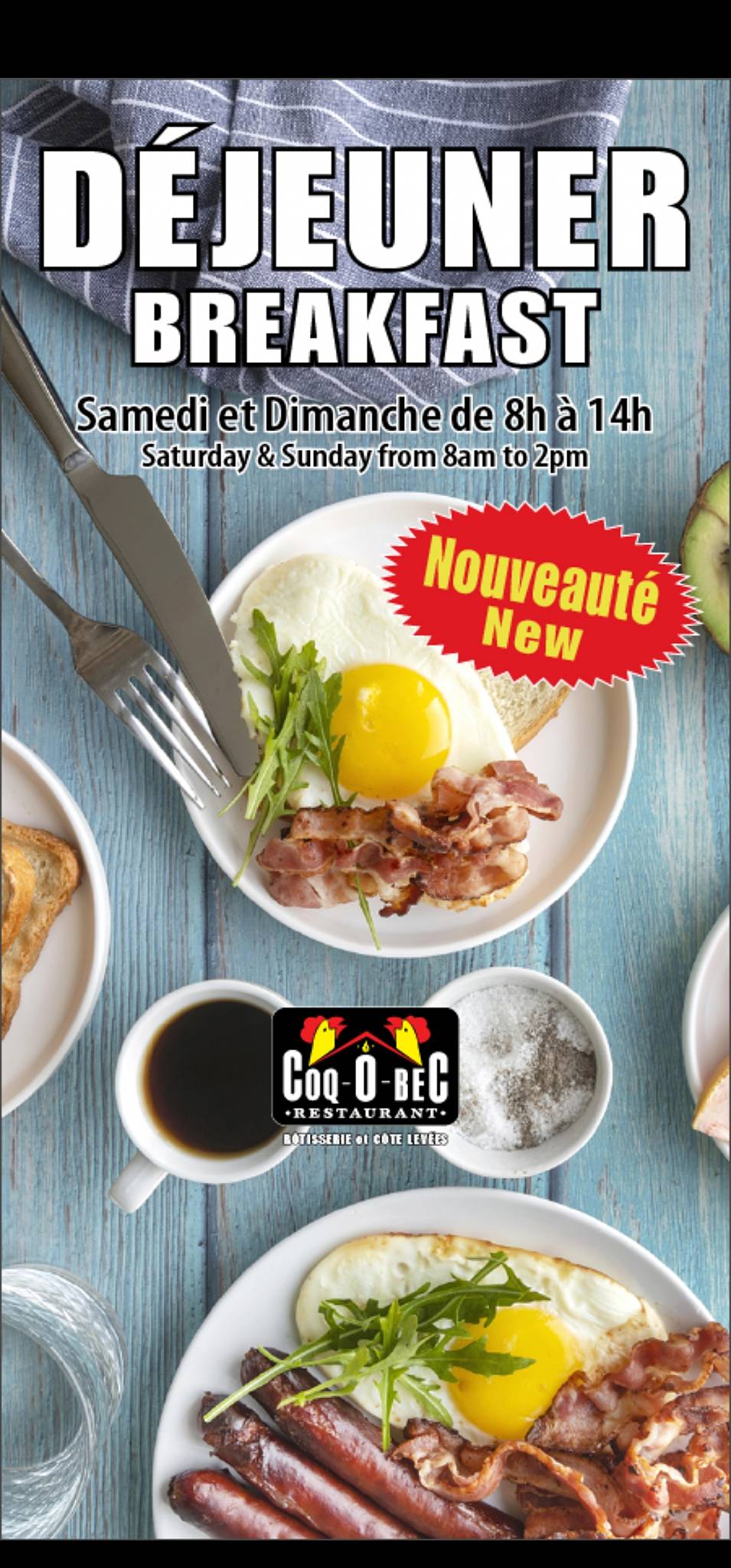 Menu au Coq O Bec restaurant, Sherbrooke, Chem. des Pèlerins