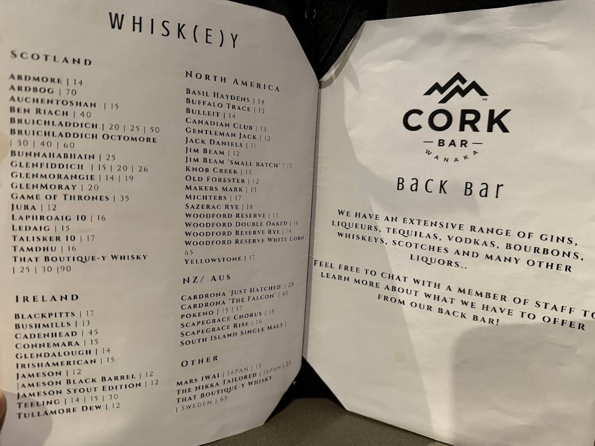Menu at Cork Bar, Wanaka