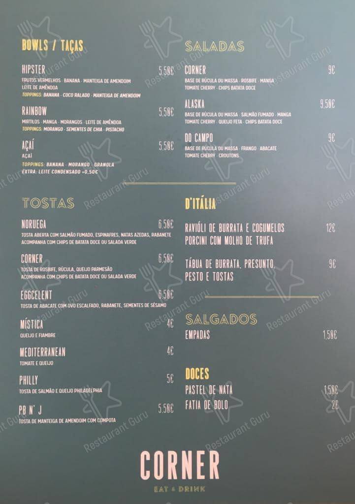 Menu at Corner pub & bar, Lisbon
