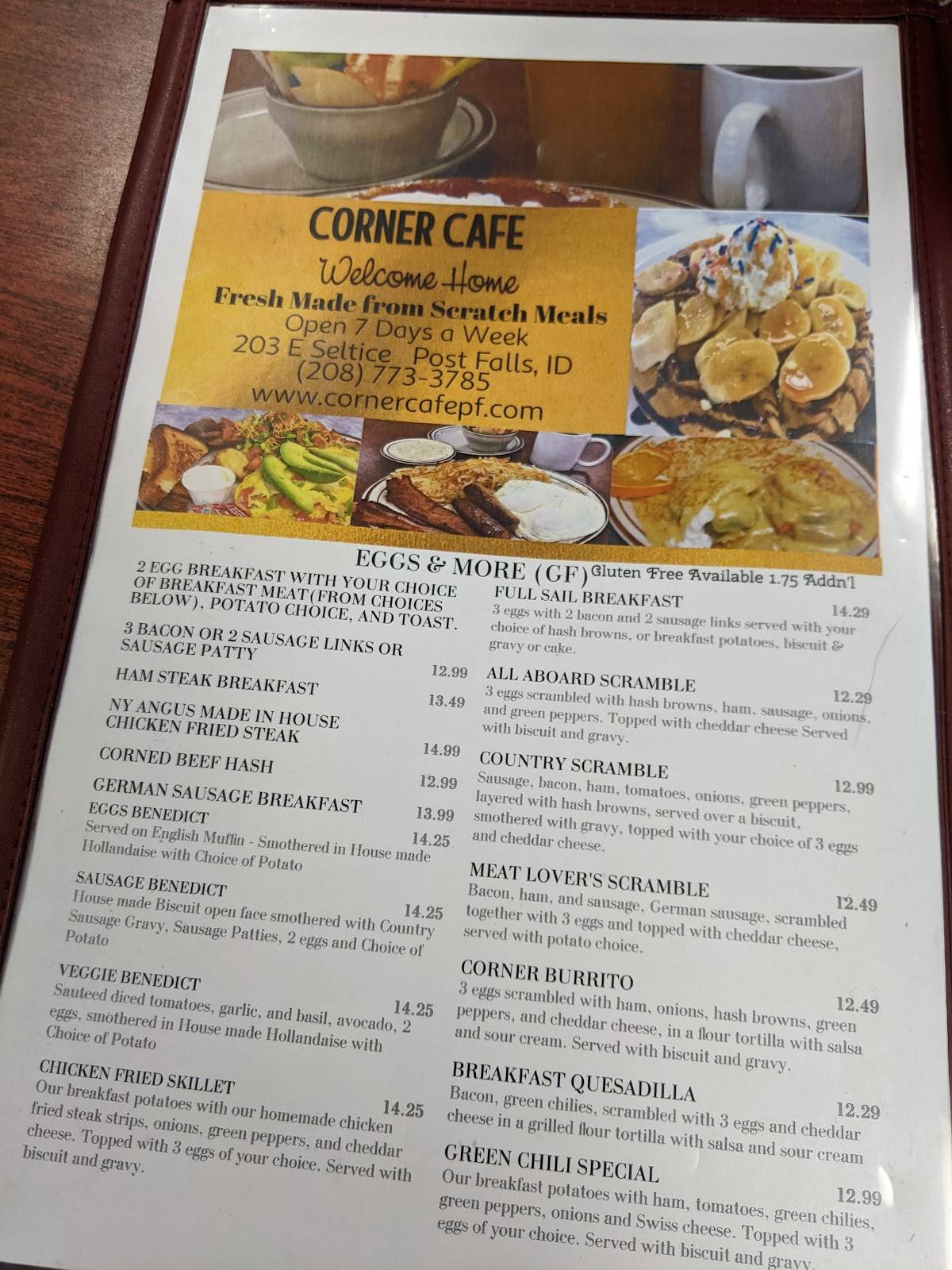 Menu at Corner Cafe, Post Falls