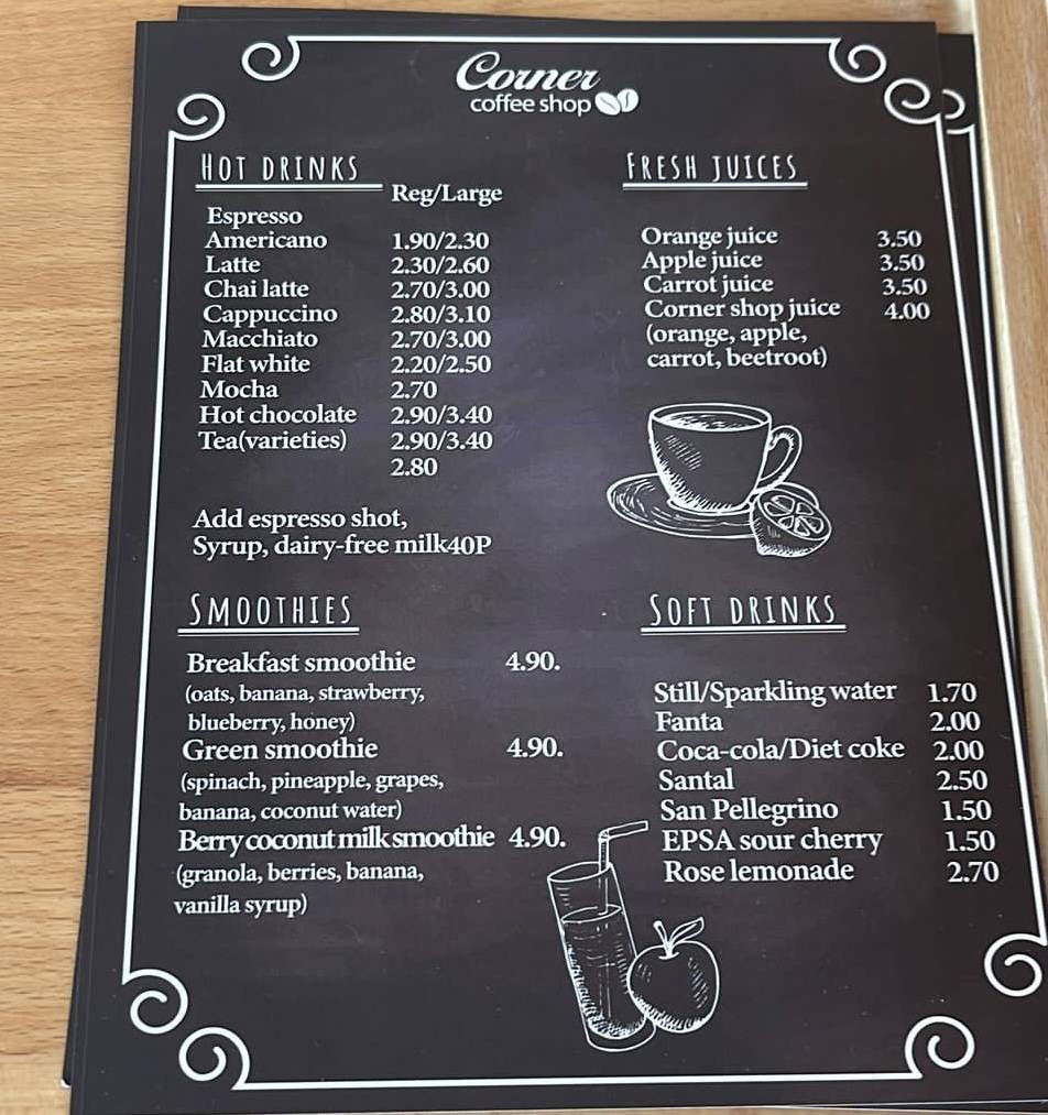 Menu at Corner Coffee Shop restaurant, Cambridge