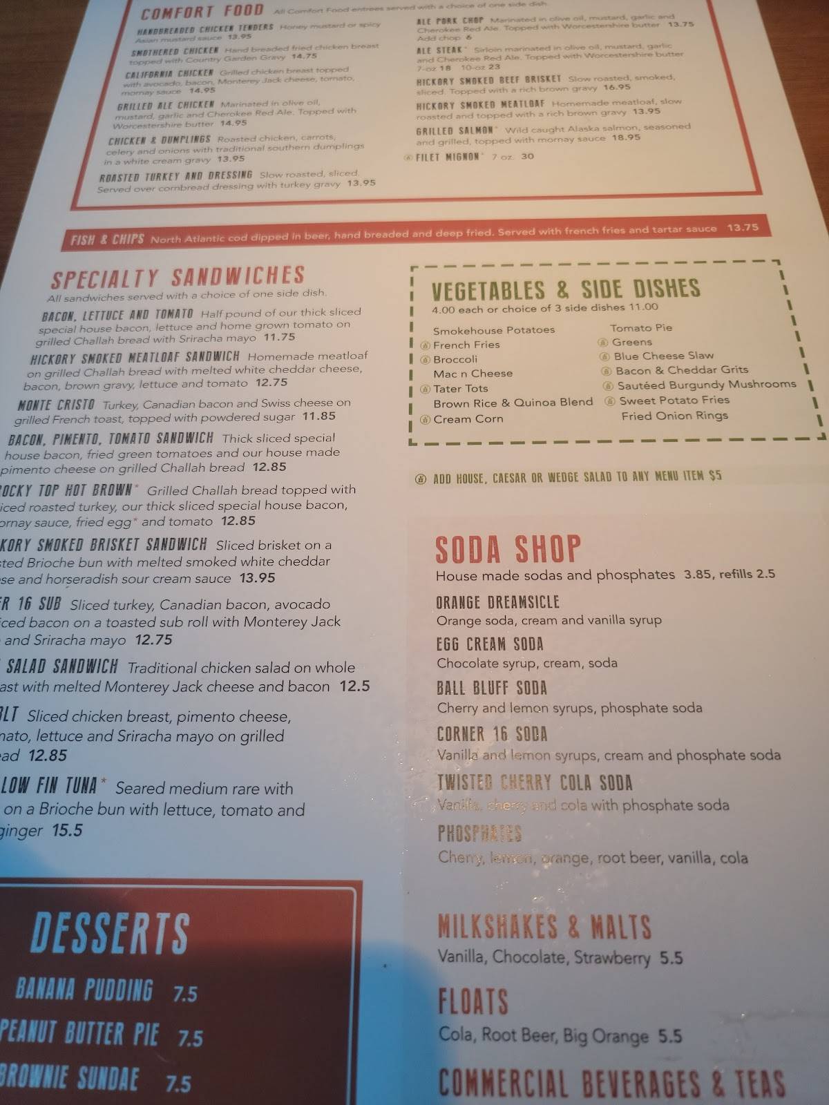 Menu at Corner16 restaurant, Knoxville, Bob Kirby Rd