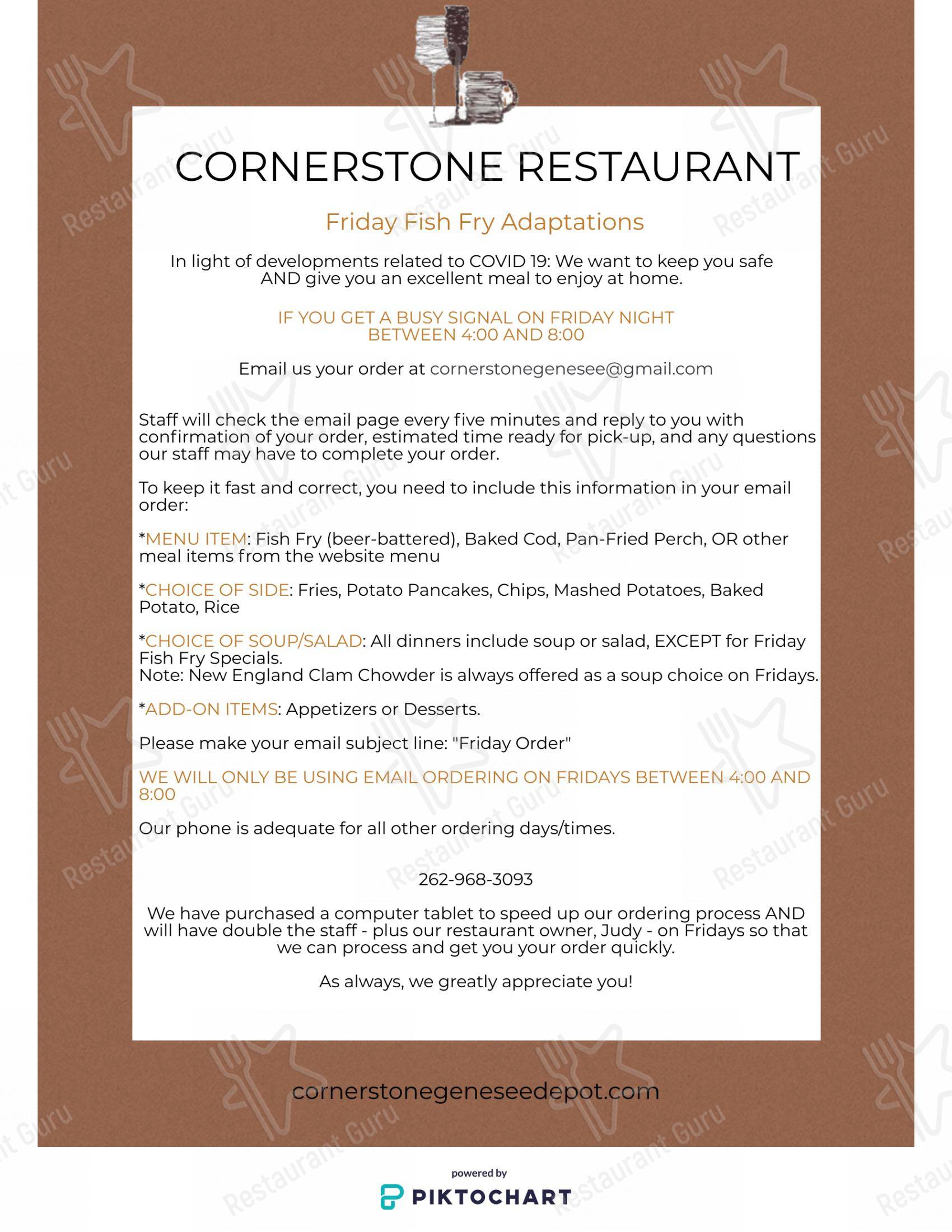 Menu at Cornerstone Restaurant, Genesee Depot