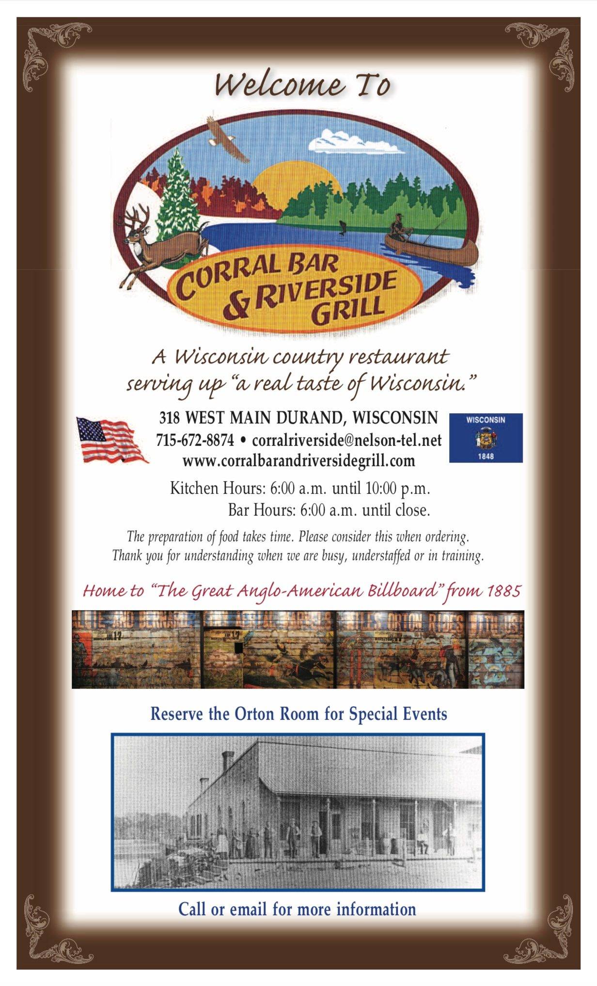 Menu at Corral Bar & Riverside Grill, Durand