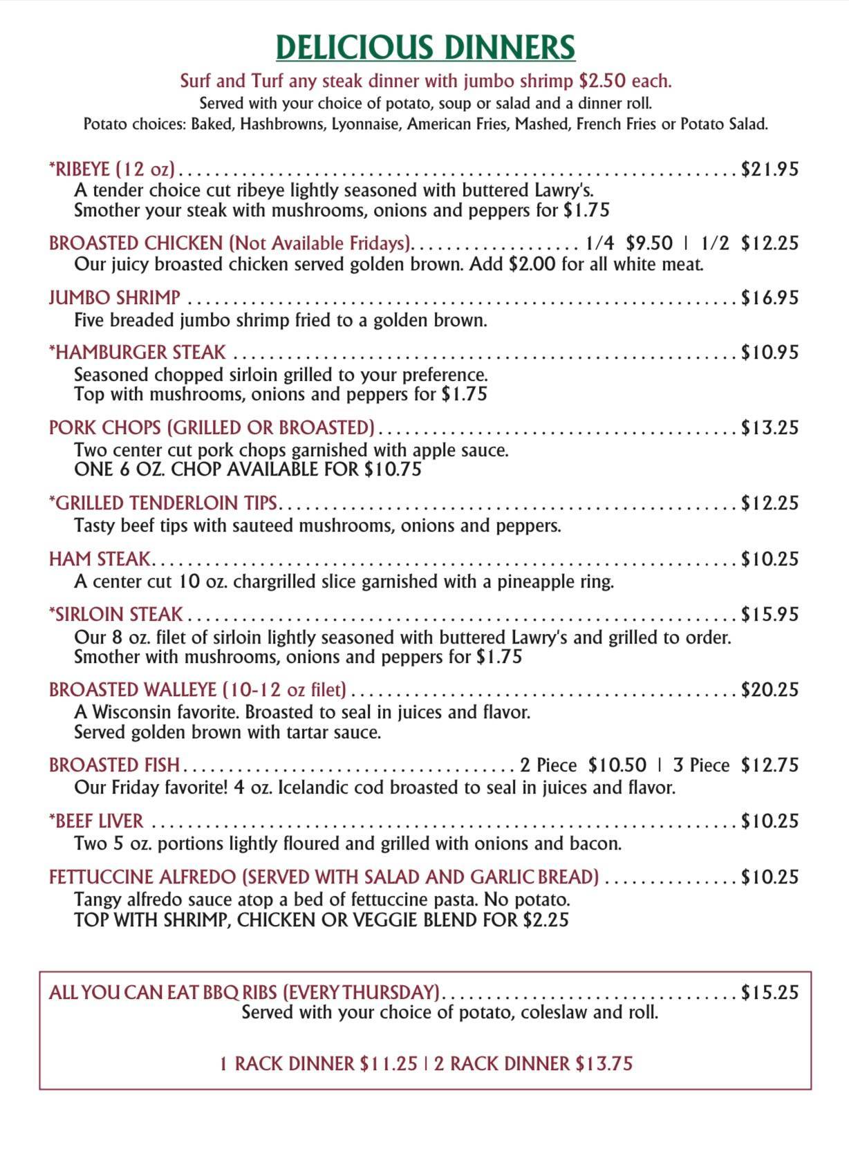 Menu at Corral Bar & Riverside Grill, Durand