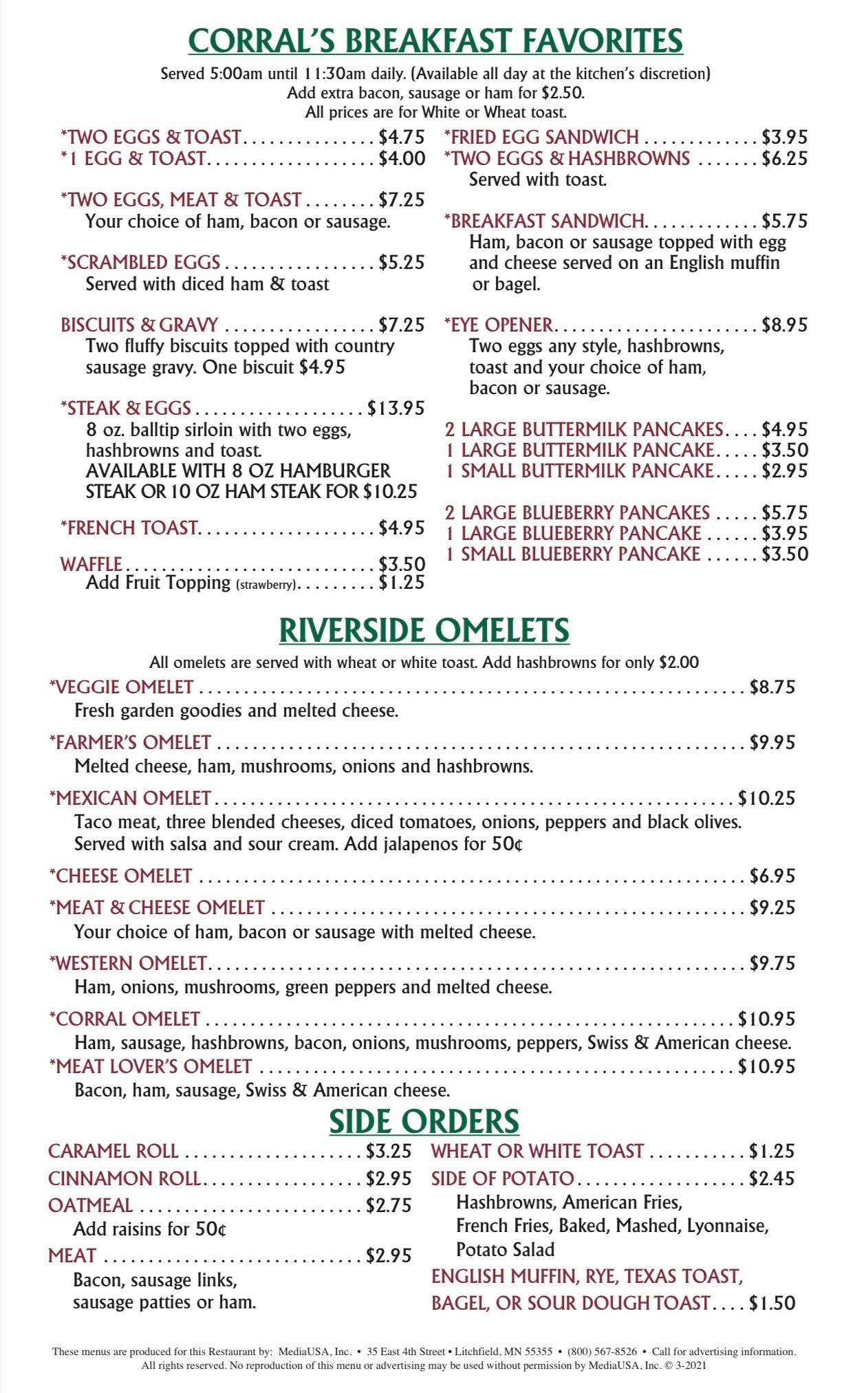 Menu at Corral Bar & Riverside Grill, Durand