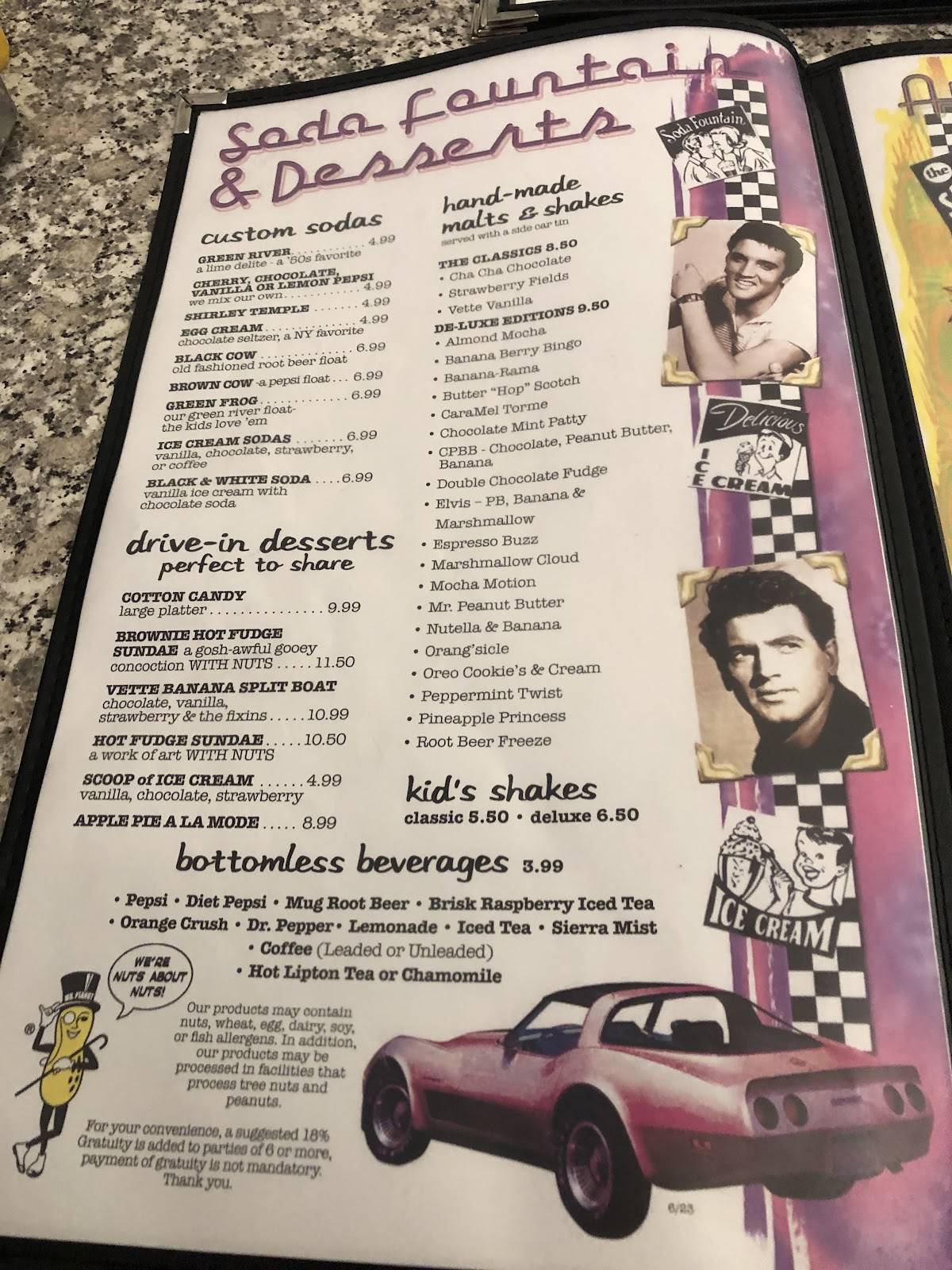 Menu at Corvette Diner restaurant, San Diego, Historic Decatur Rd