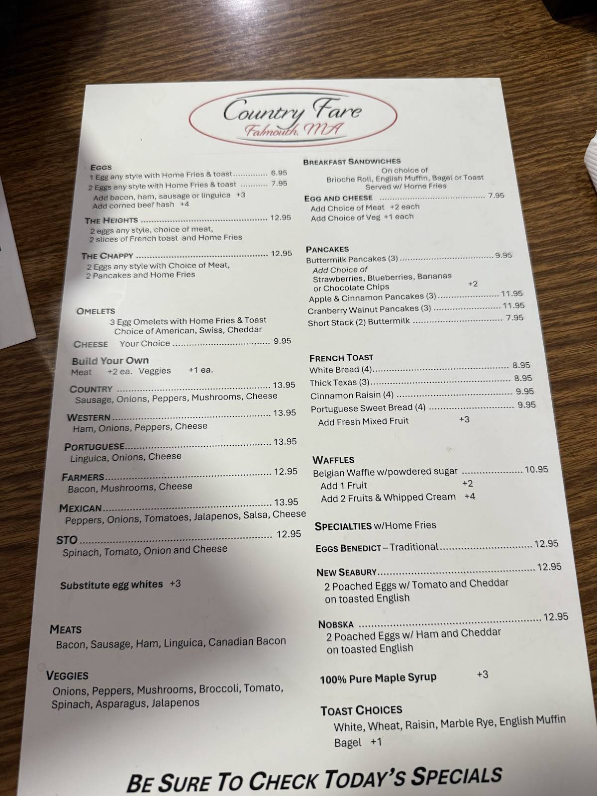Menu at Country Fare Restaurant, Falmouth