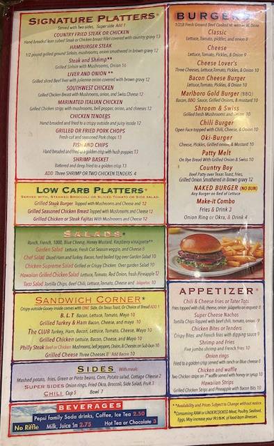 Menu at Country Hills Diner restaurant, Kiefer