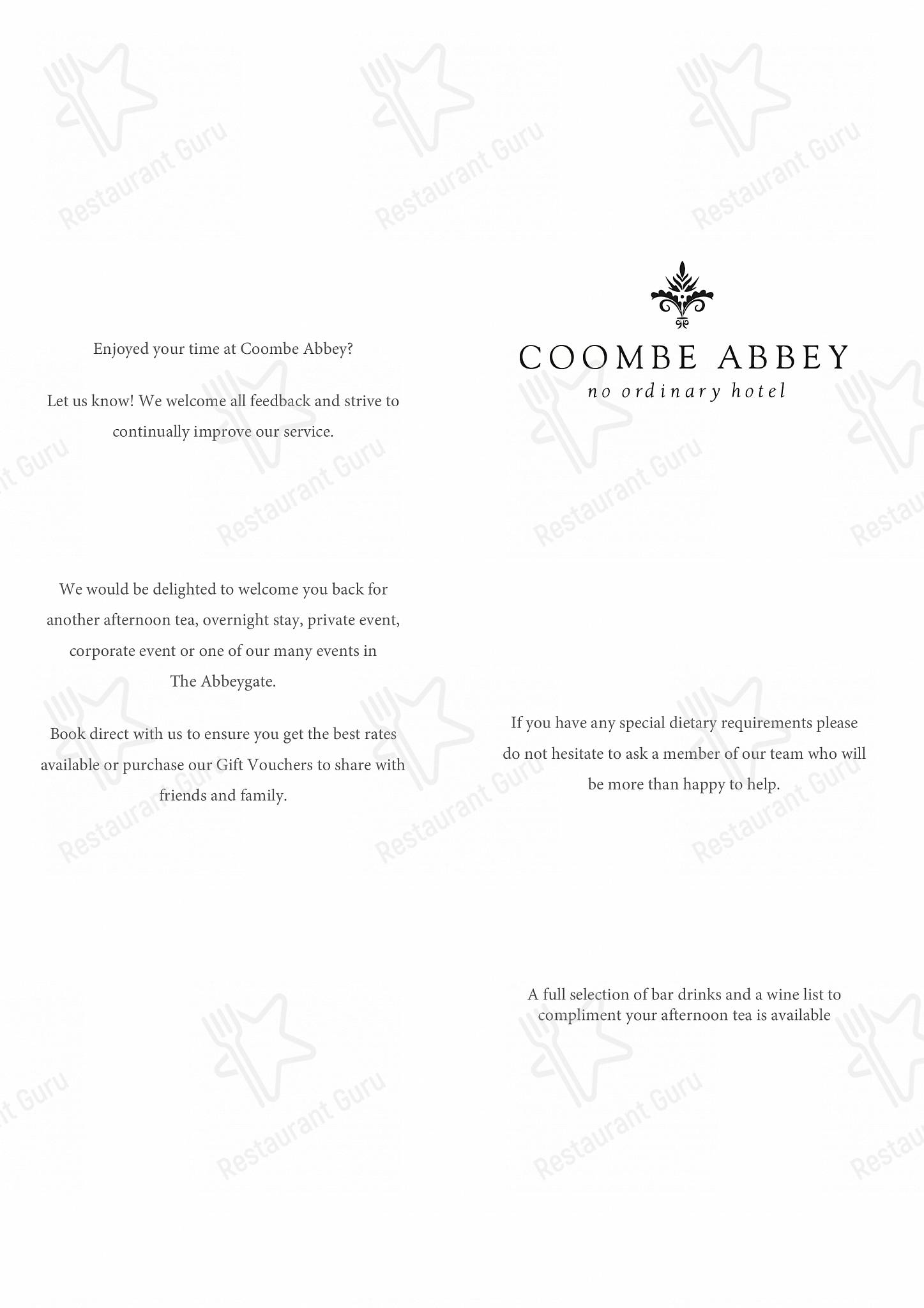 Menu at Coombe Abbey Hotel pub & bar, Coventry