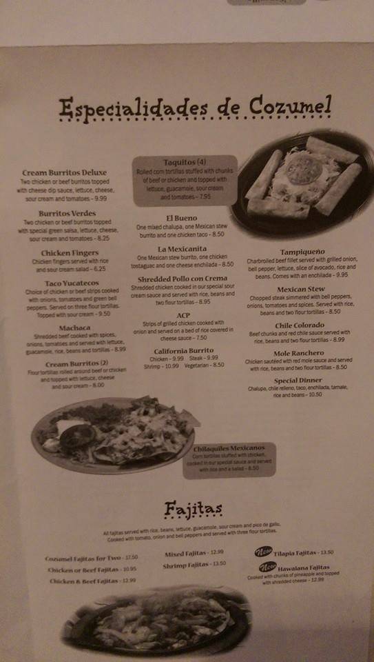 Menu at Cozumel restaurant, Statesville
